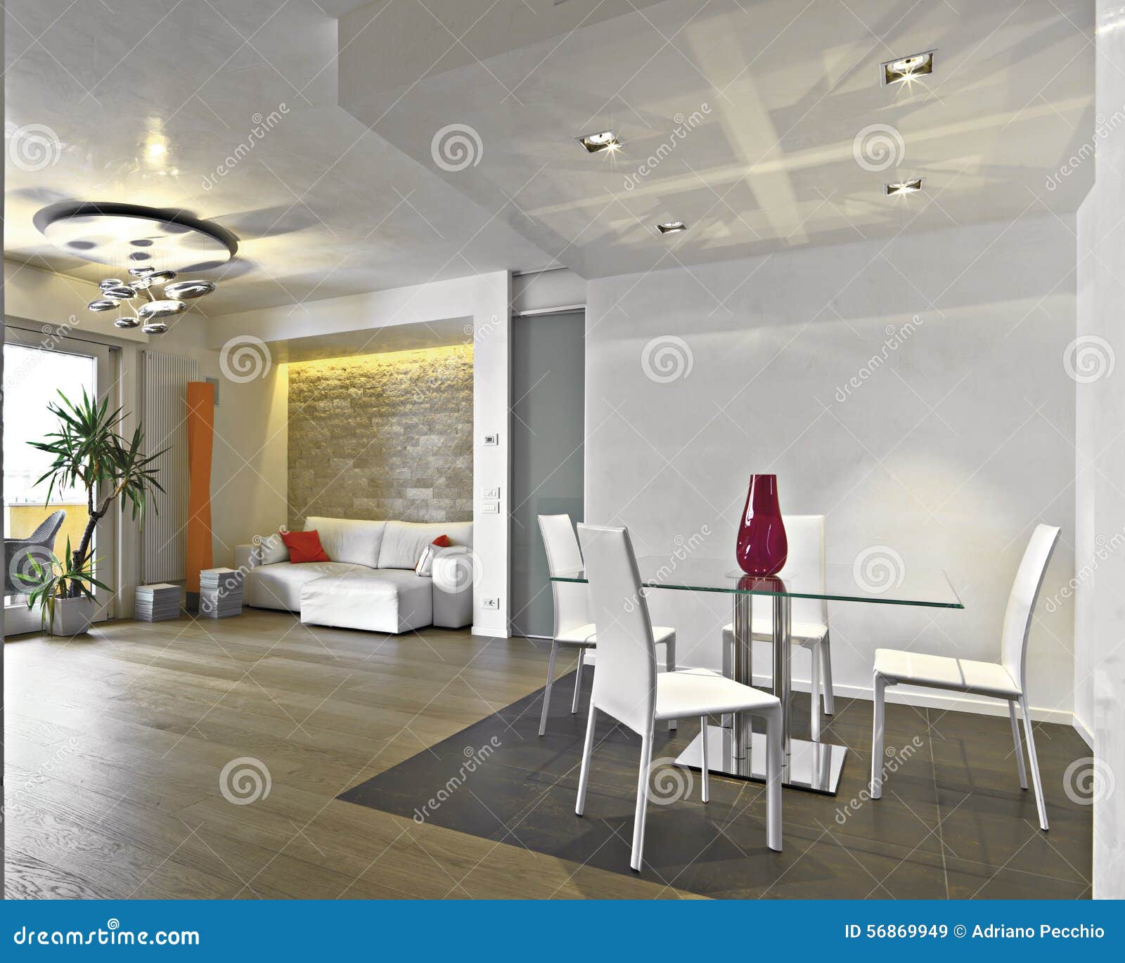 Livign Room with Dining Table and Wood Floor Stock Image - Image of ...