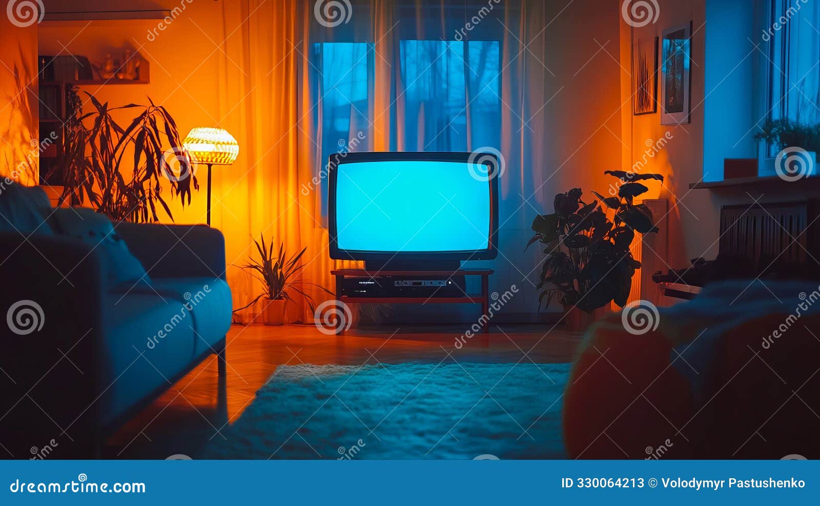 A Living Room with a Blue Television Set in the Corner Stock Image ...