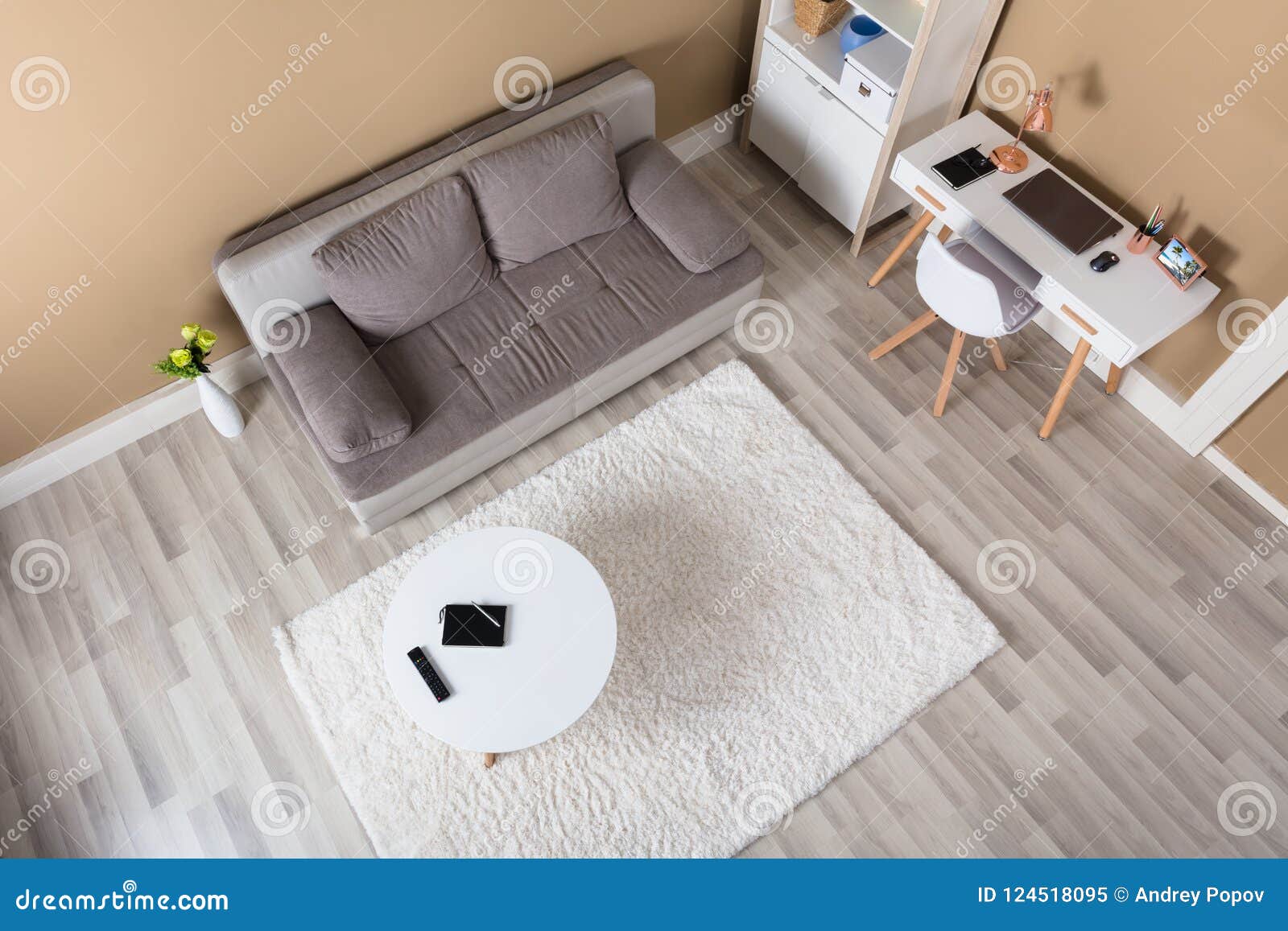 Living Room with Computer Desk and Sofa Stock Image - Image of ...
