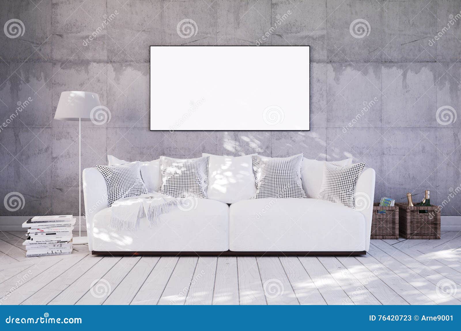 Living Room with Couch and Empty Frame on Wall Stock Image - Image of ...