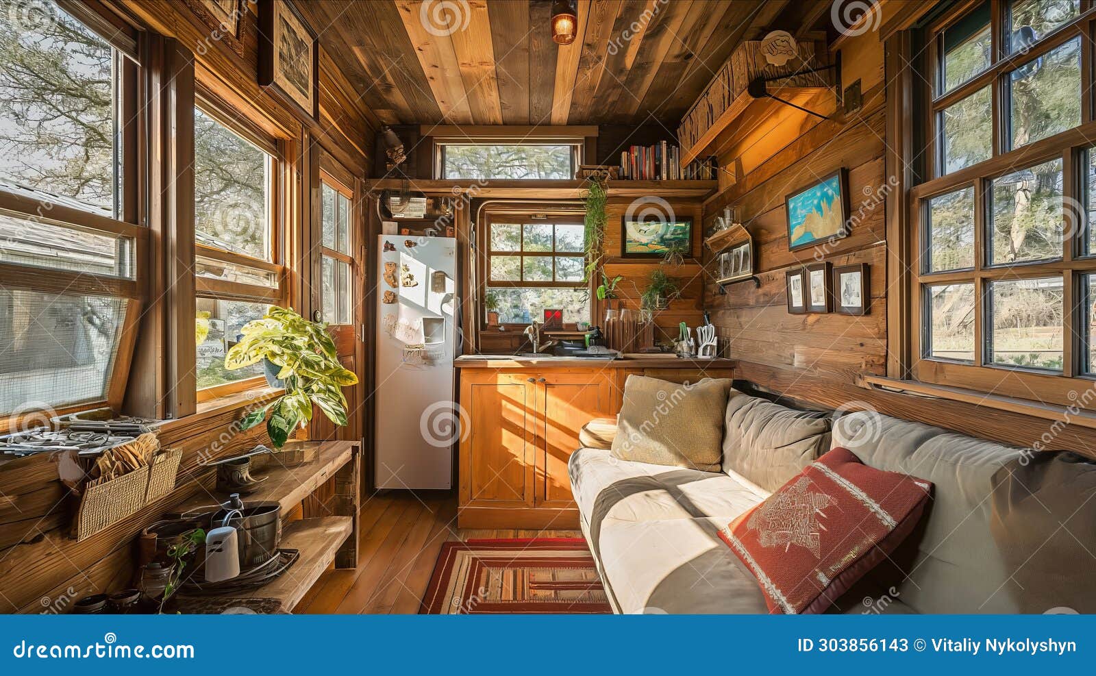 Living Room with Couch, Refrigerator, and Windows Stock Image - Image ...