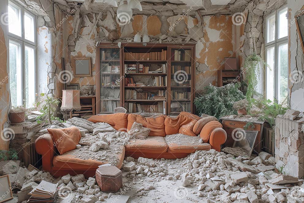 Living Room with a Couch is in a State of Disarray after the Earthquake ...