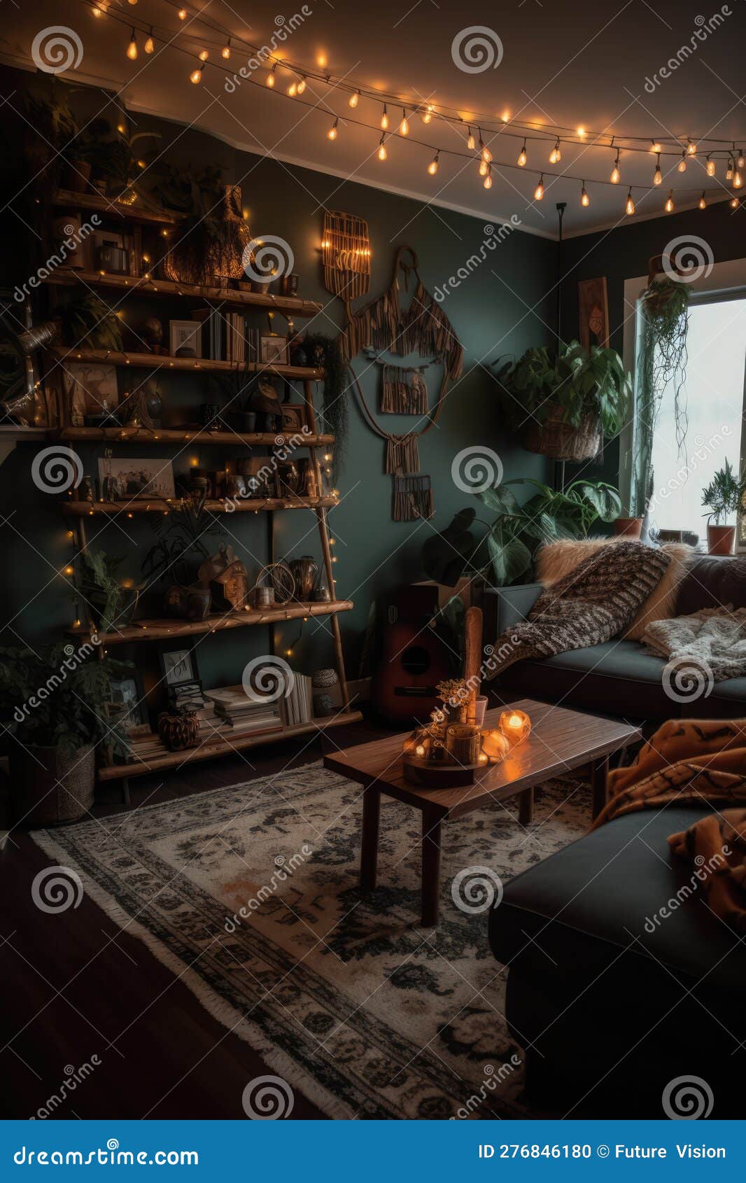 Living Room Decorated with Strings of Fairy Lights, Created Using ...