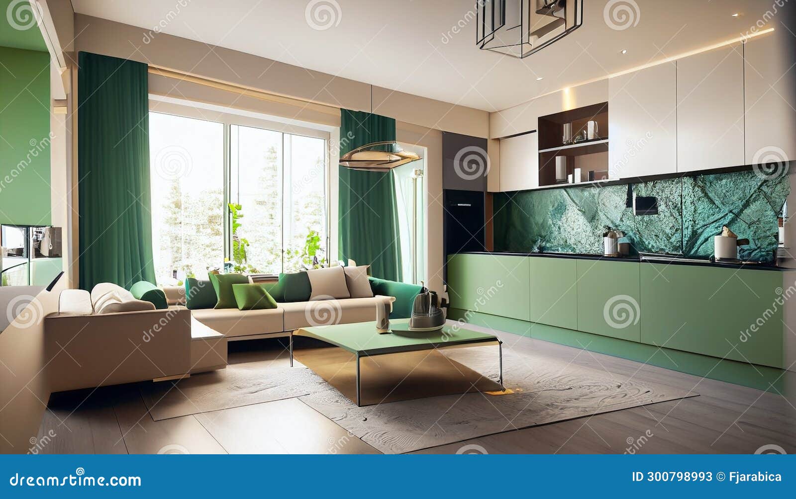 Living Room with Dining Table and Kitchen in Green Stock Illustration ...