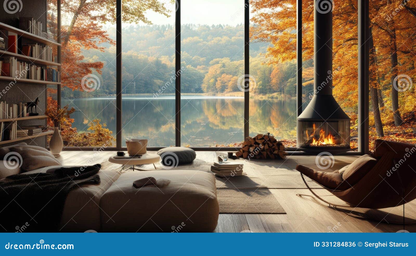 A Living Room with a Fireplace and Windows Overlooking the Lake, AI ...