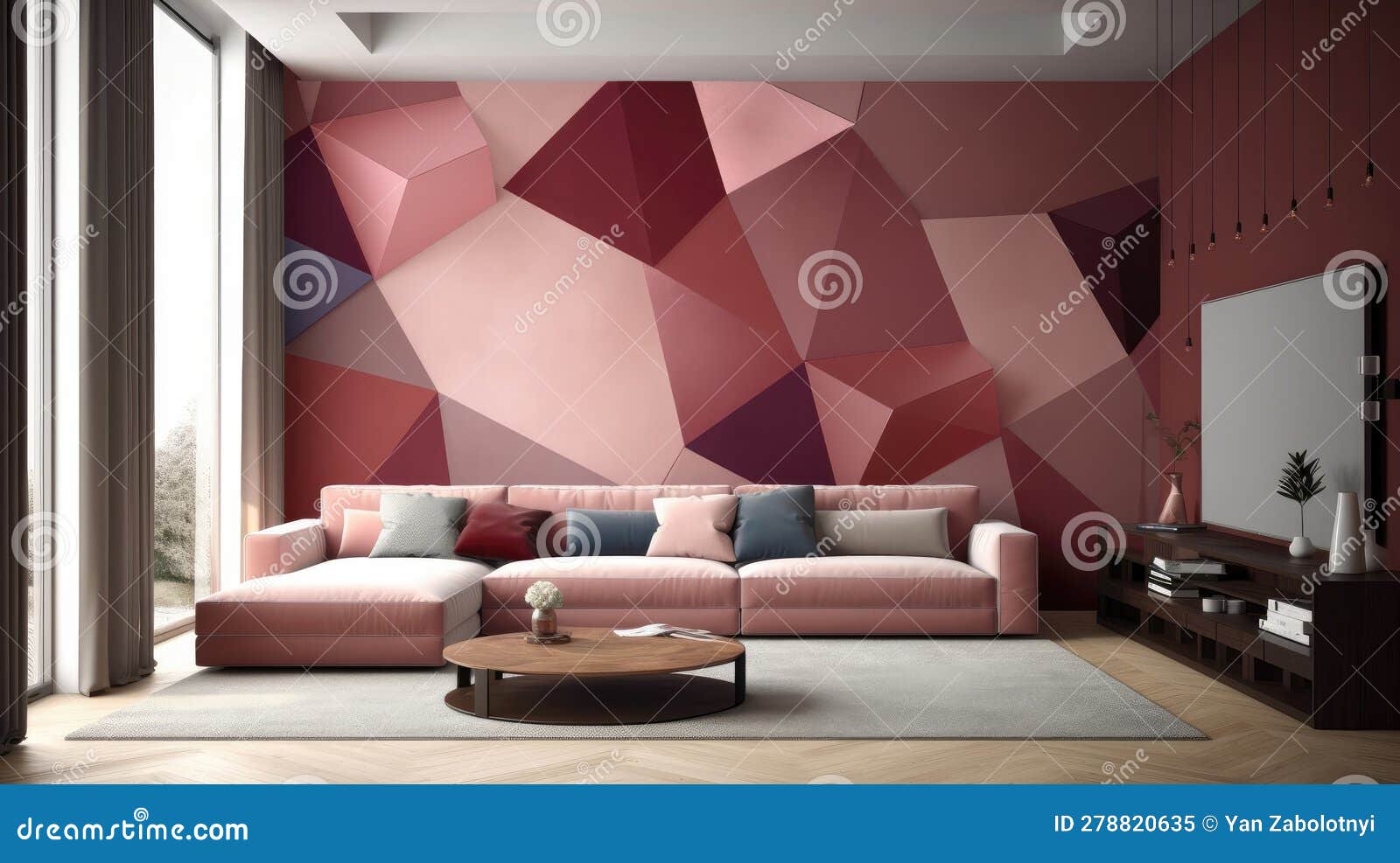 Living Room with Full Wall Flat Geometric Plum. Generative AI Stock ...