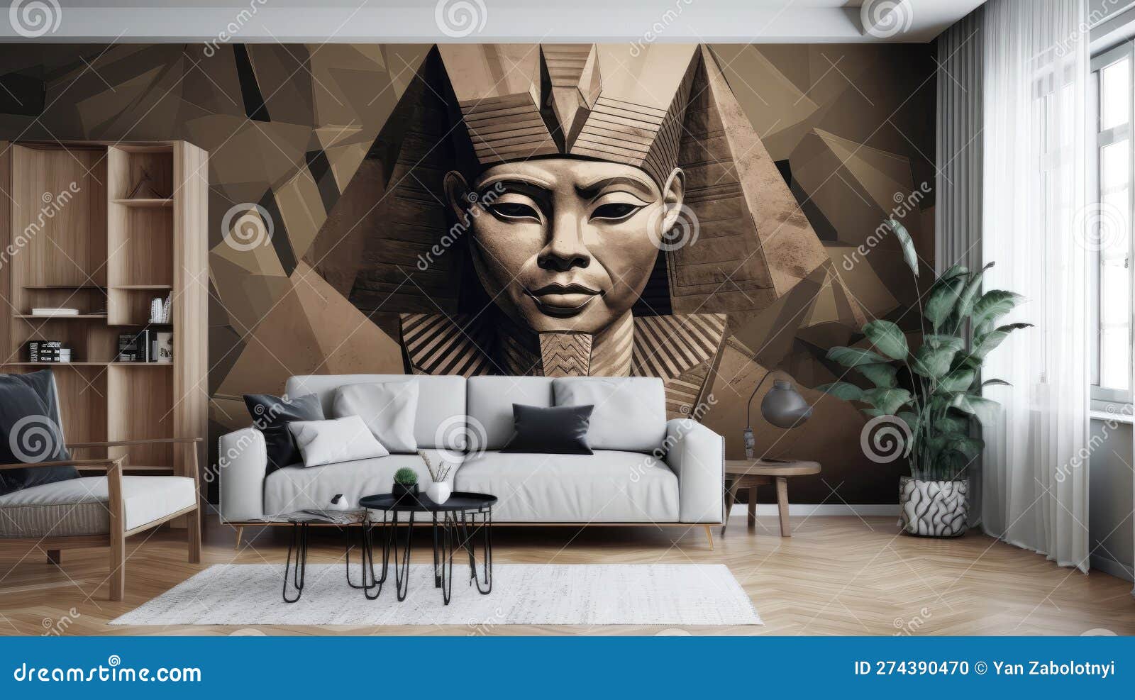 Living Living Room with Full Wall Geometric Sphinx Interior Design ...