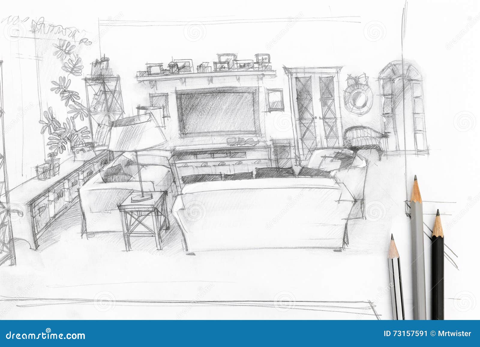Living Room Graphical Sketch with Drawing Tools Stock Image - Image of ...