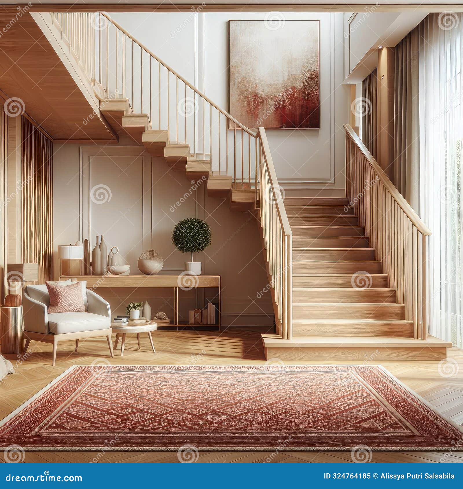 The Living Room Has Stairs Going Up 3d Rendering Stock Illustration ...