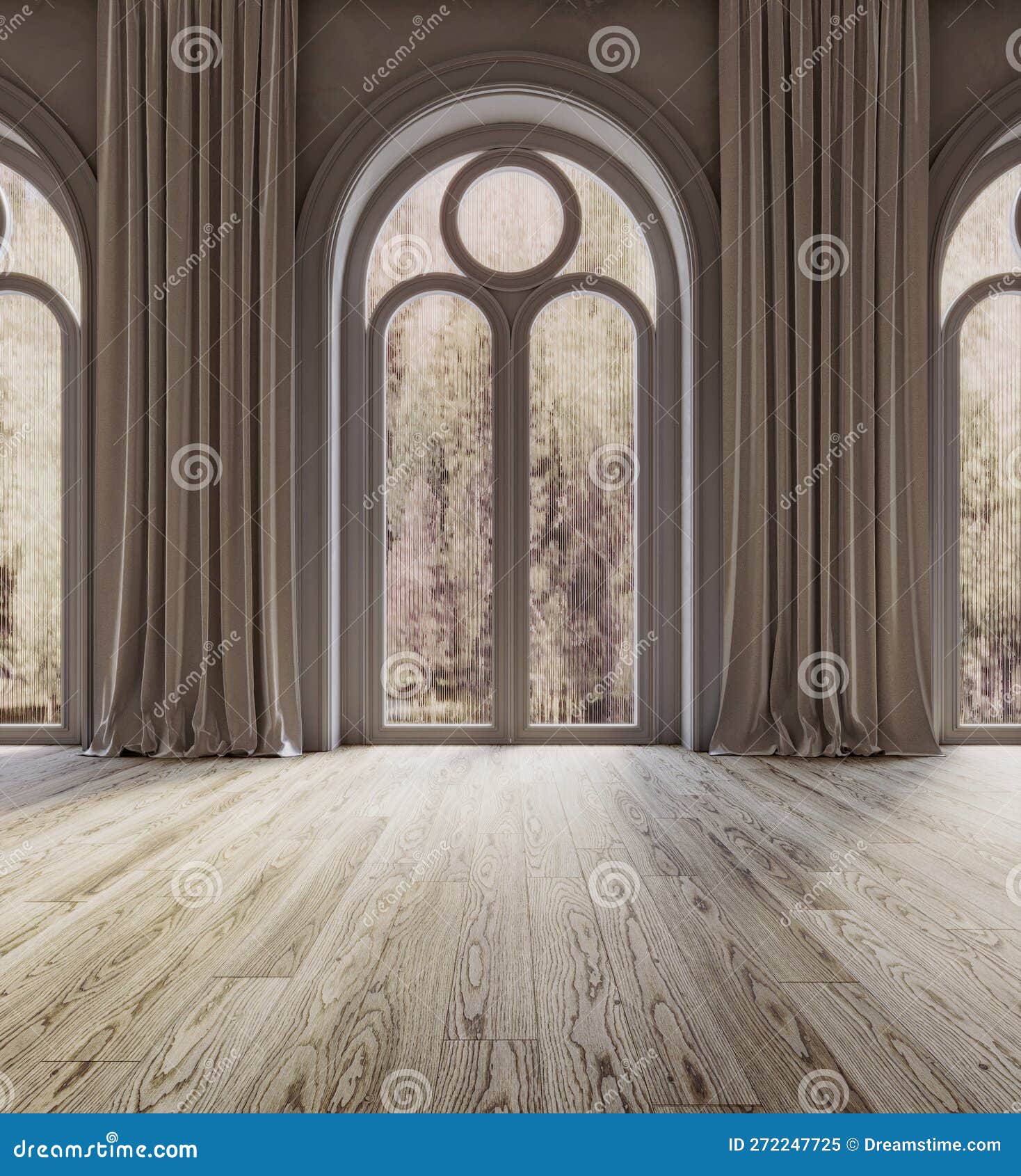 Living Room Interior with Arch Windows, 3d Render Stock Illustration ...