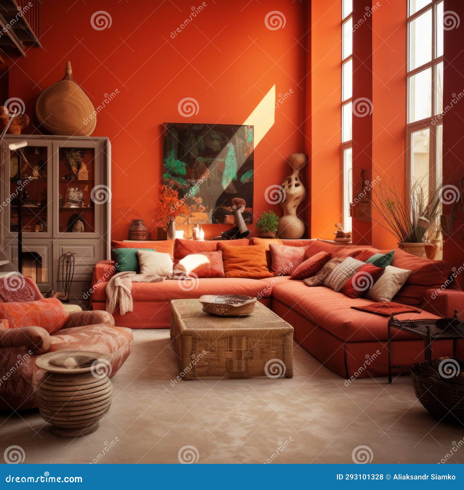 Living Room Interior Design with Cozy Sofas in Orange Colors Stock ...