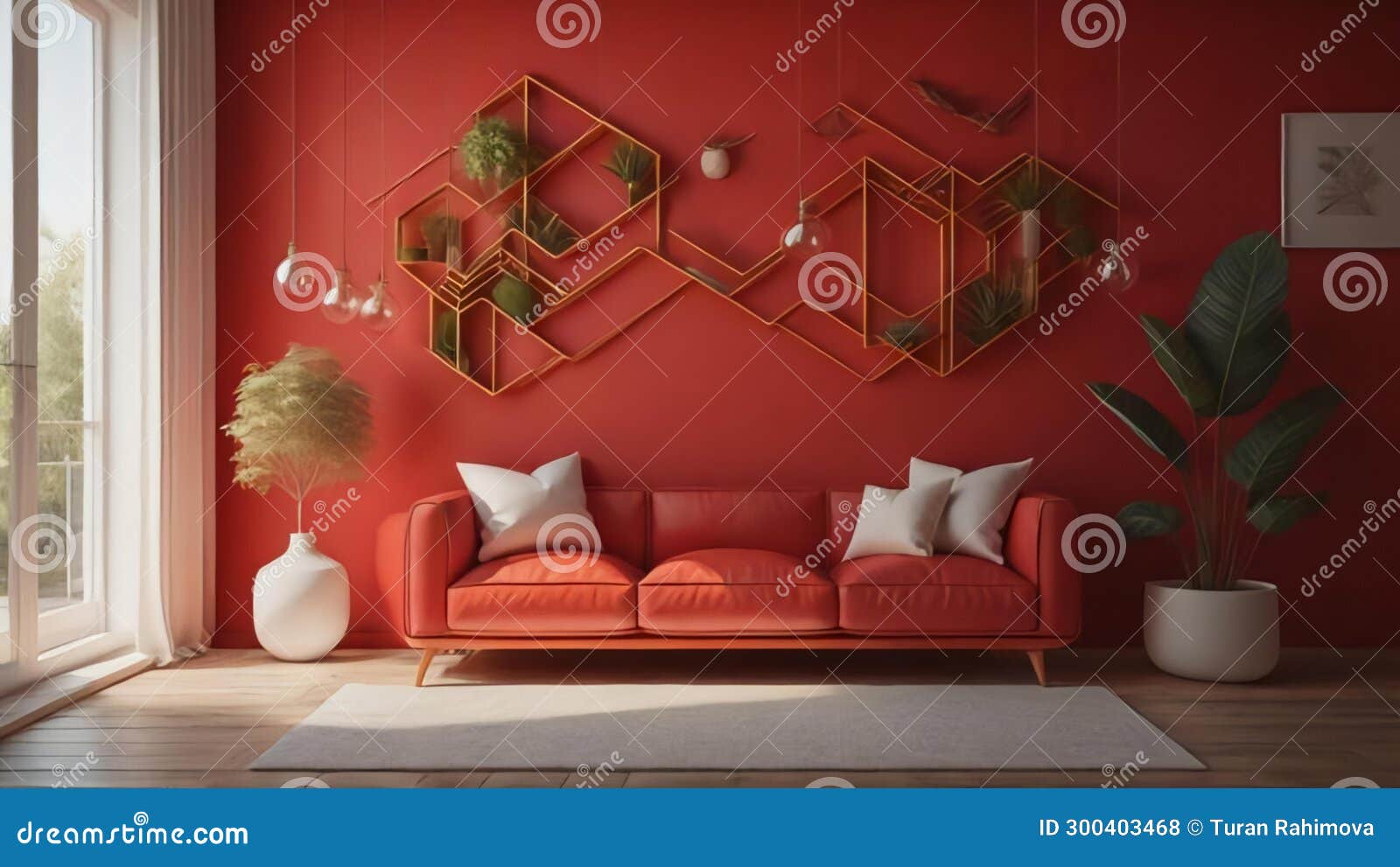 Living Room Interior Design with Red Sofa and Decorative Elements ...