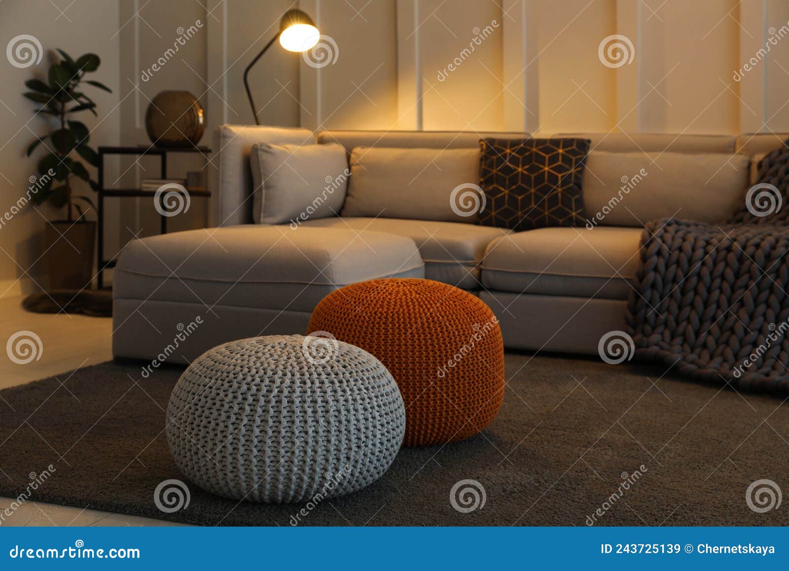 Living Room Interior with Different Stylish Knitted Poufs and Sofa ...