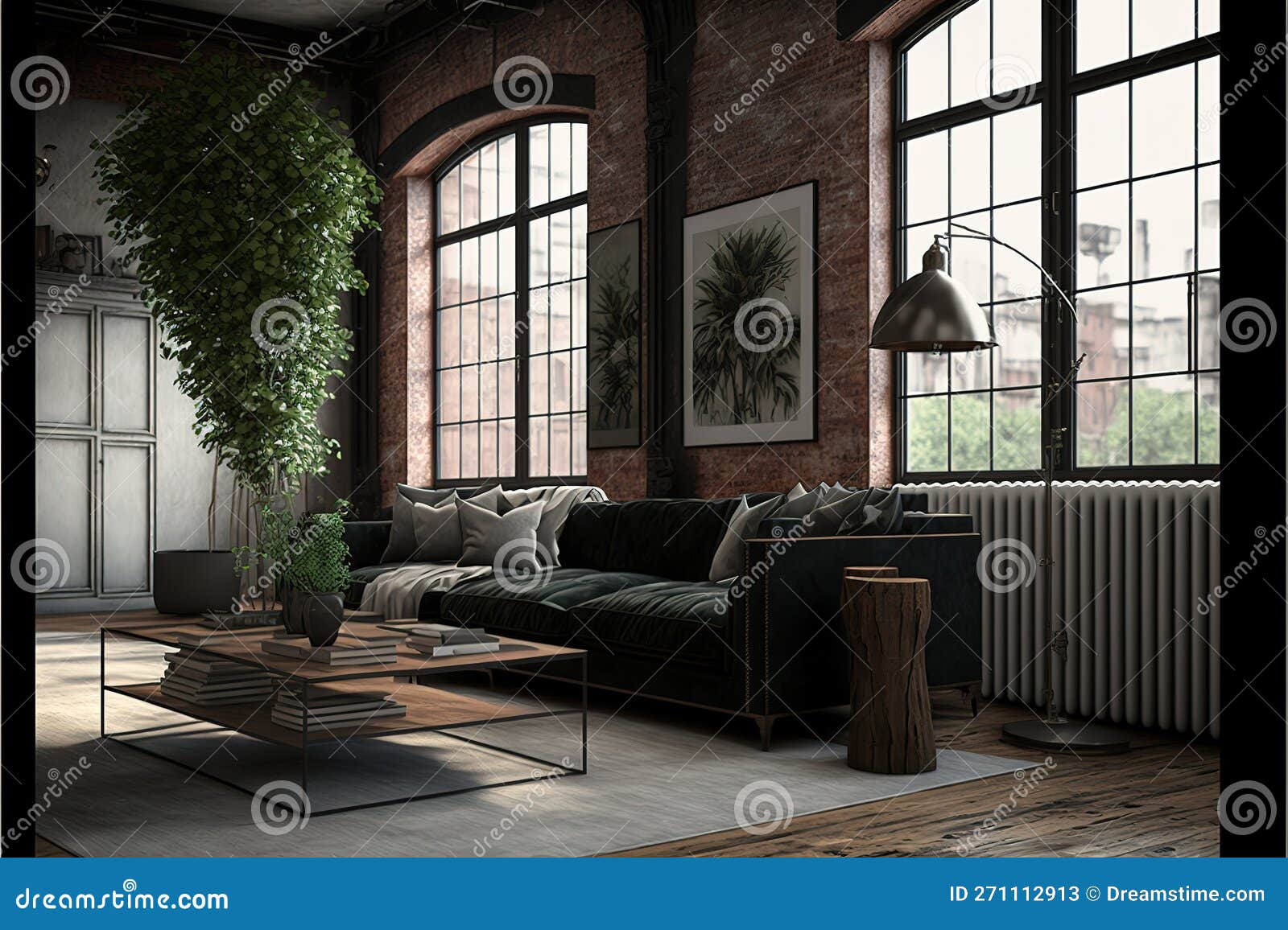 Living Room Interior in Loft, Industrial Style, 3d Render Stock ...