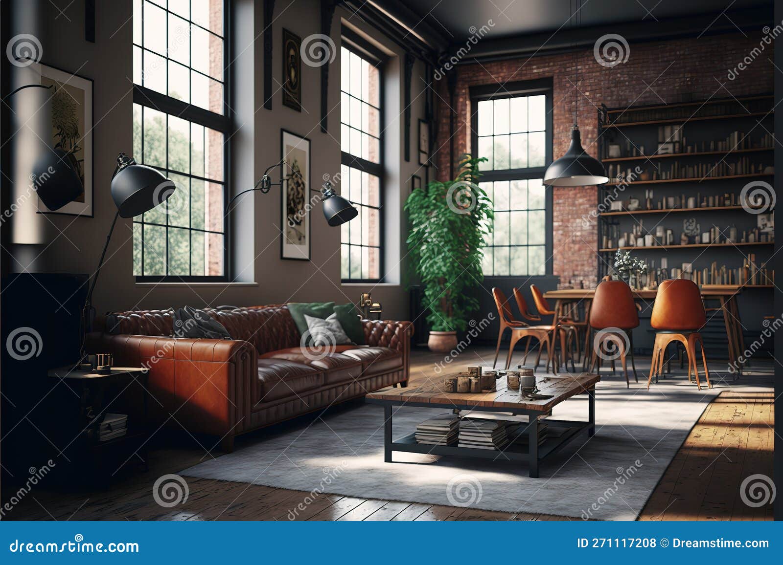 Living Room Interior in Loft, Industrial Style, 3d Render Stock ...