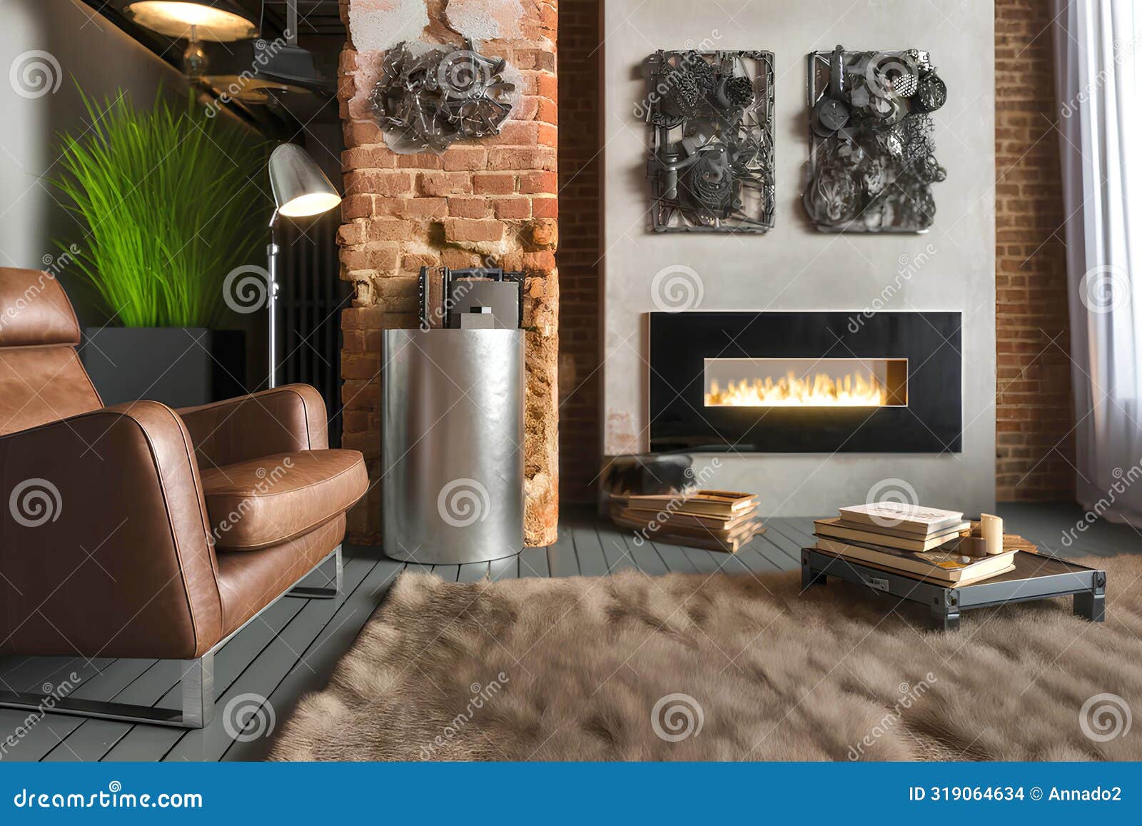Living Room Interior in Loft Style with Artificial Fireplace Stock ...