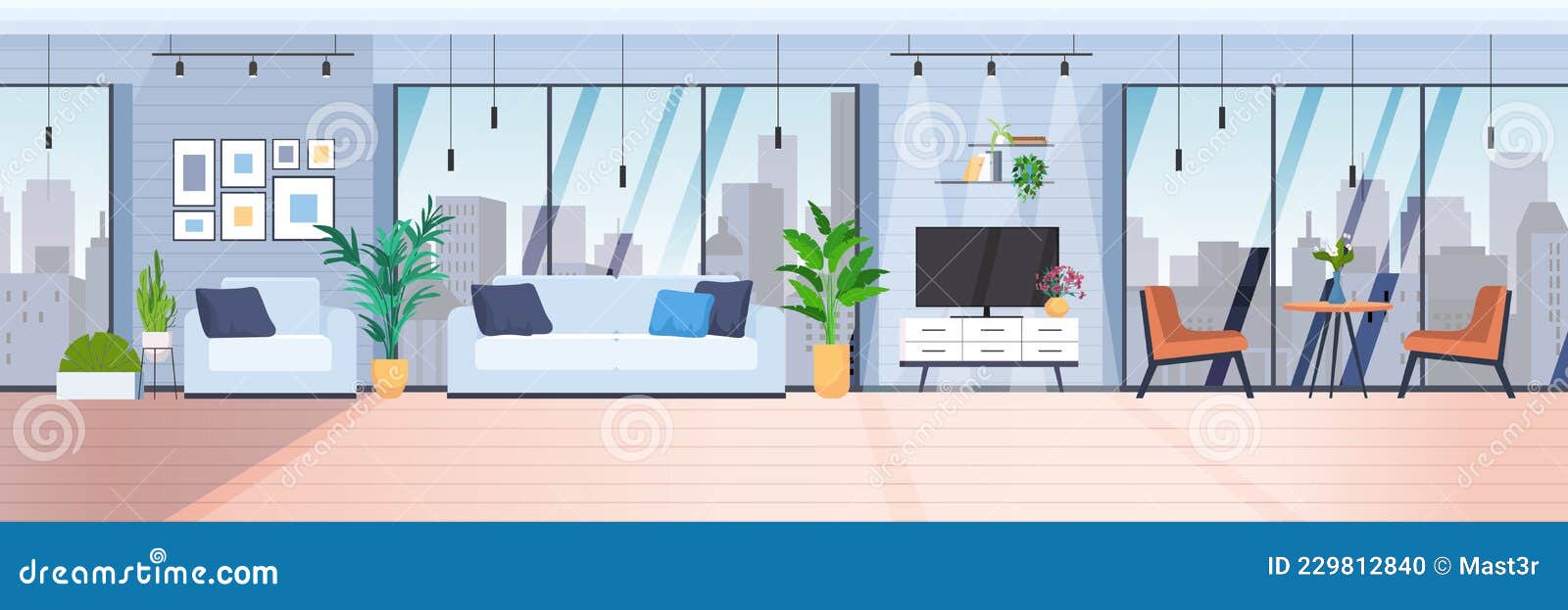 Living Room Interior Modern Home Apartment with Panoramic Windows Horizontal Stock Vector ...