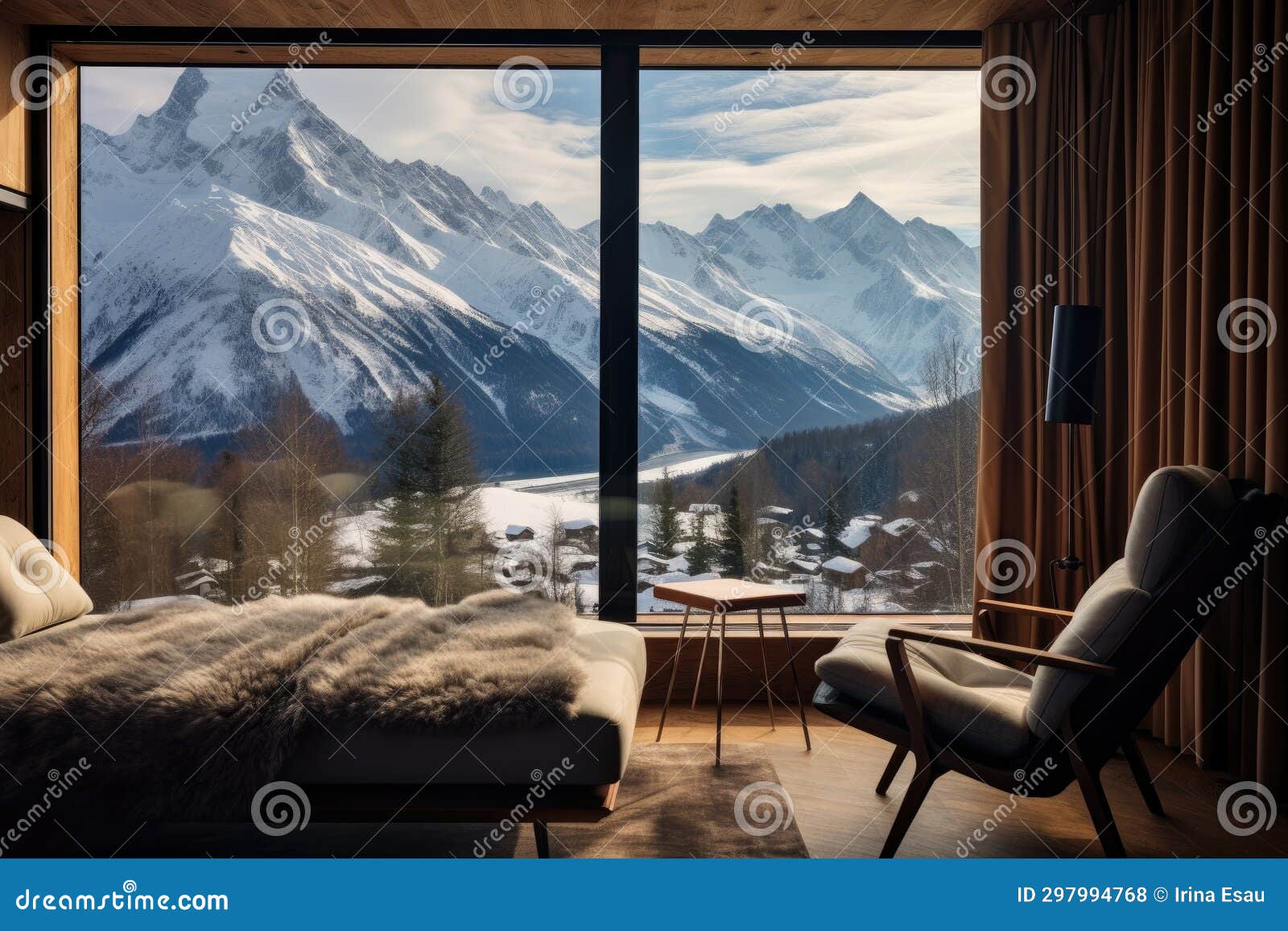Living Room Interior with Panoramic Windows and Views of Snow-capped ...
