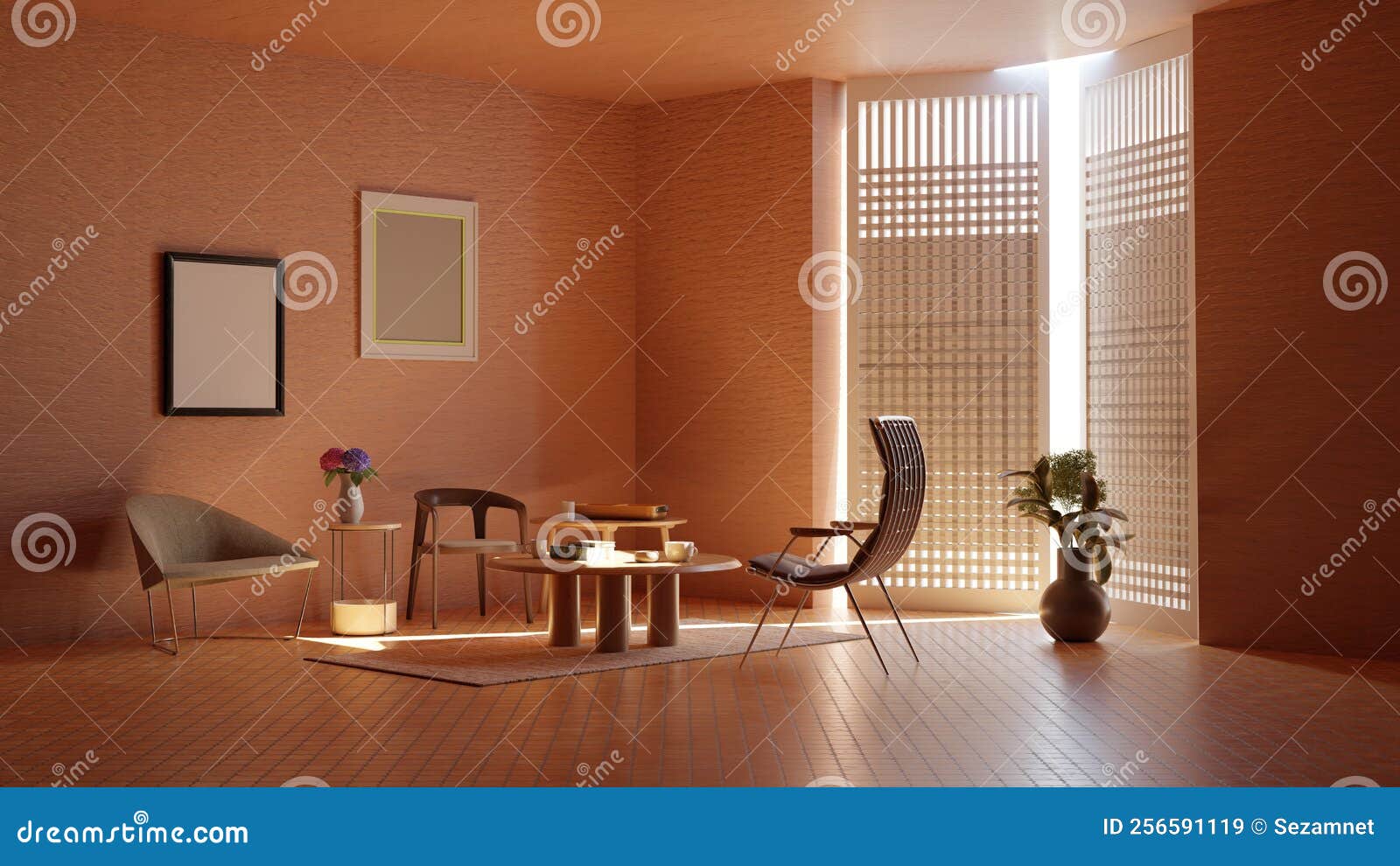 Living Room Interior in Warm Colors with Picture Frames Stock ...