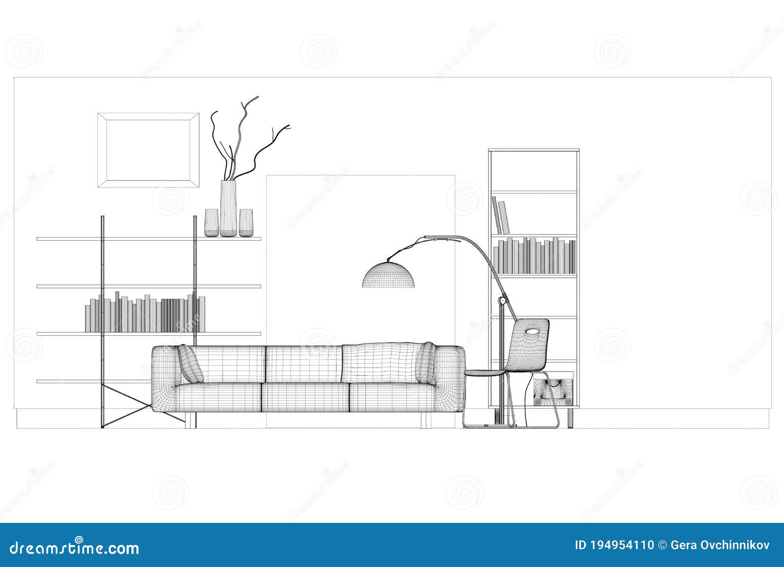 Living Room Interior Wireframe. Front View. 3D Stock Vector ...