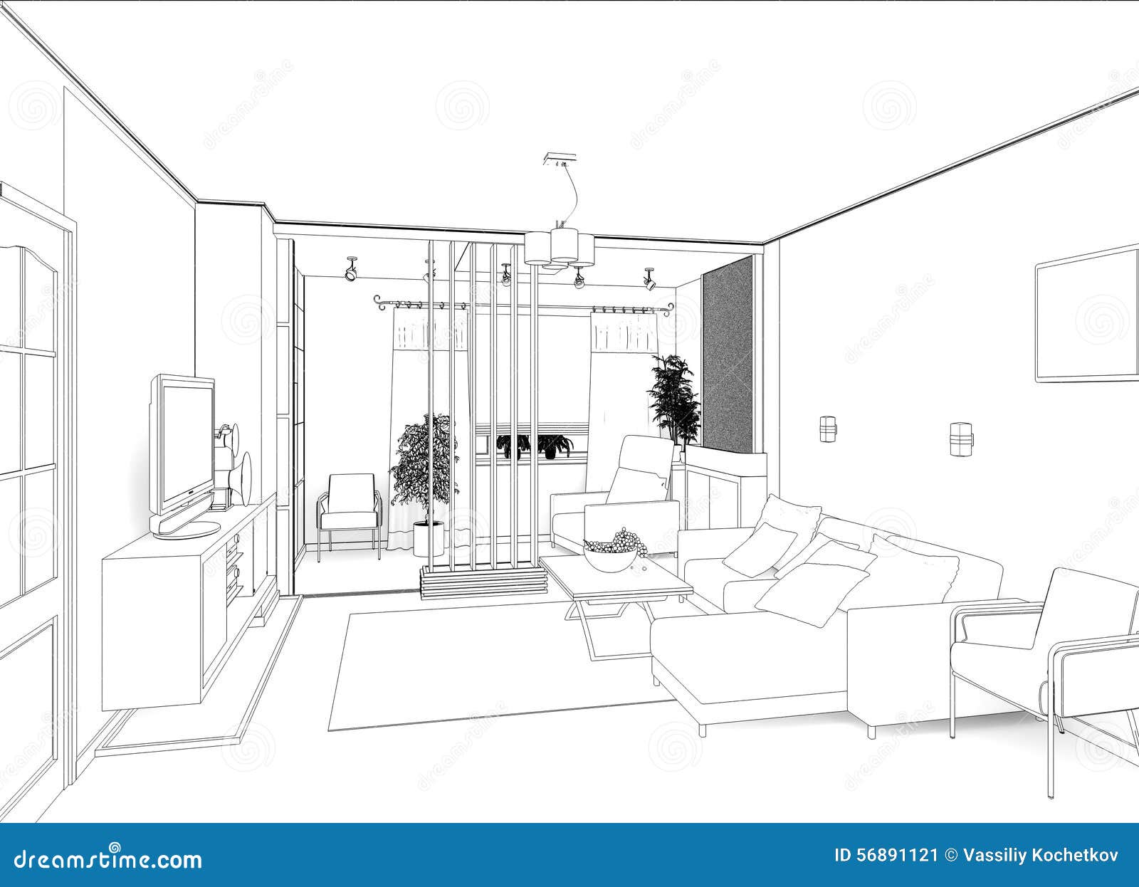 Living Room with Landscape View, 3D Interior Stock Illustration ...
