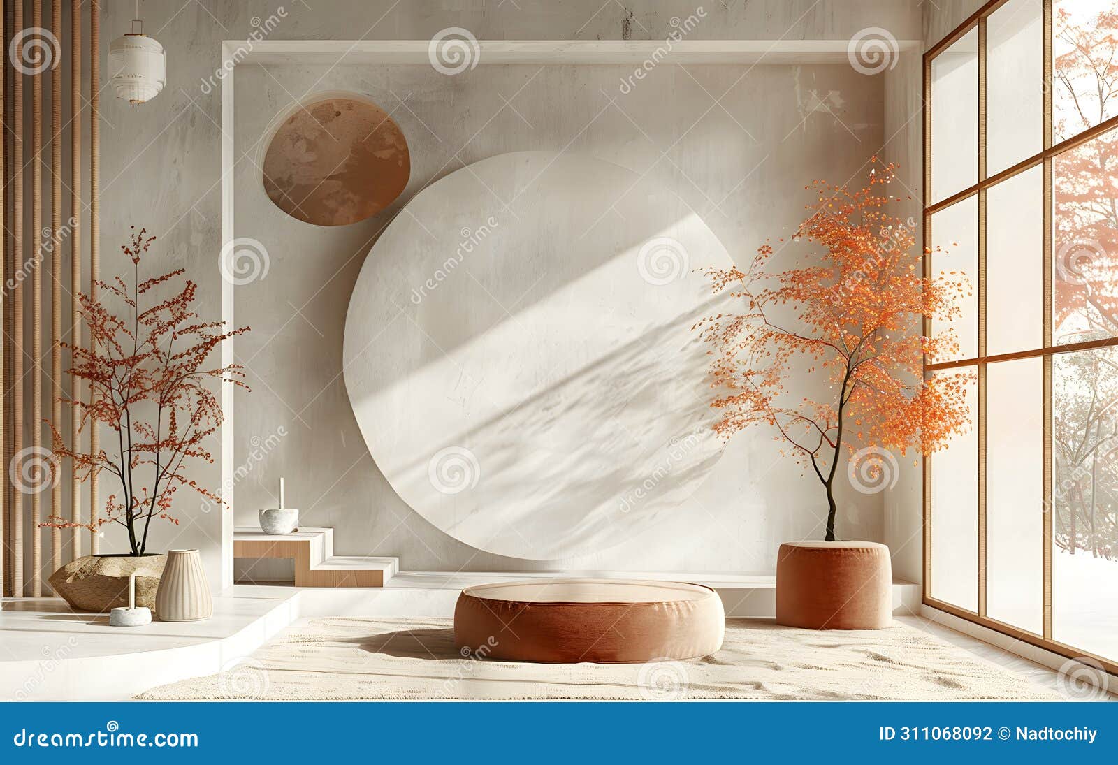 A Living Room with a Large Circle on the Wall and a Large Window Stock ...