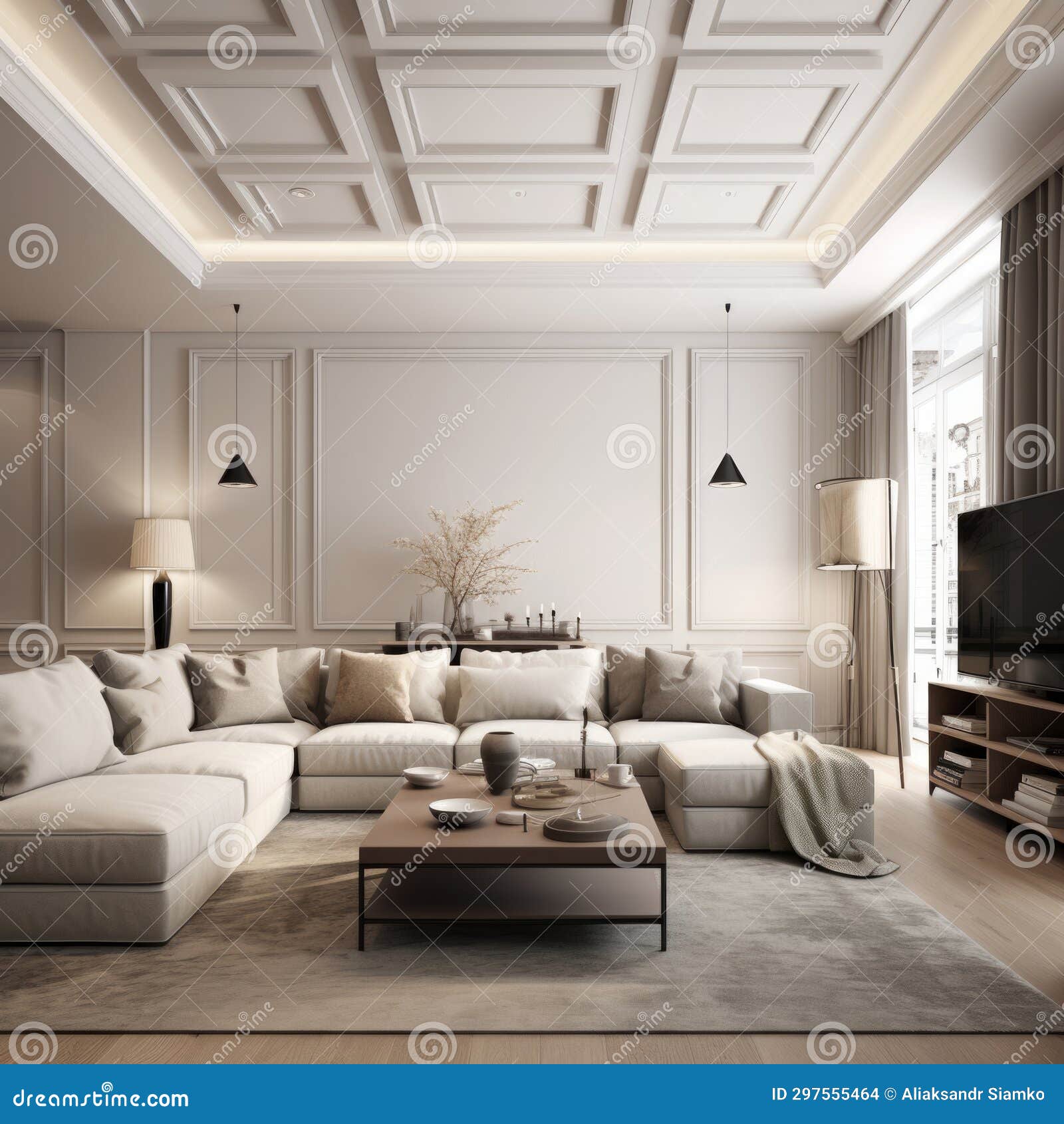 A Living Room with a Large Couch and a Tv Stock Photo - Image of ...