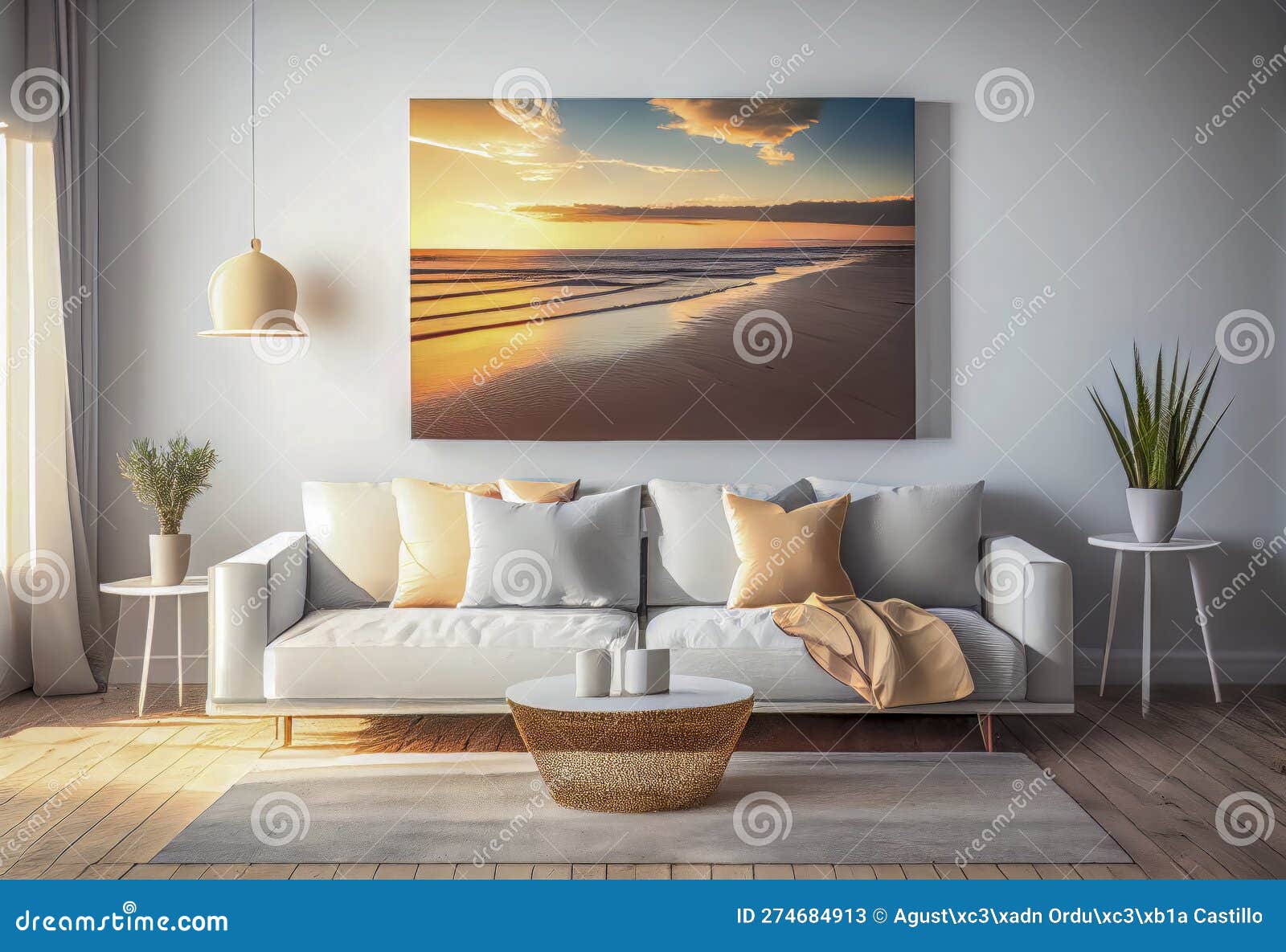 Living Room with a Large Sunset Painting. Stock Illustration ...
