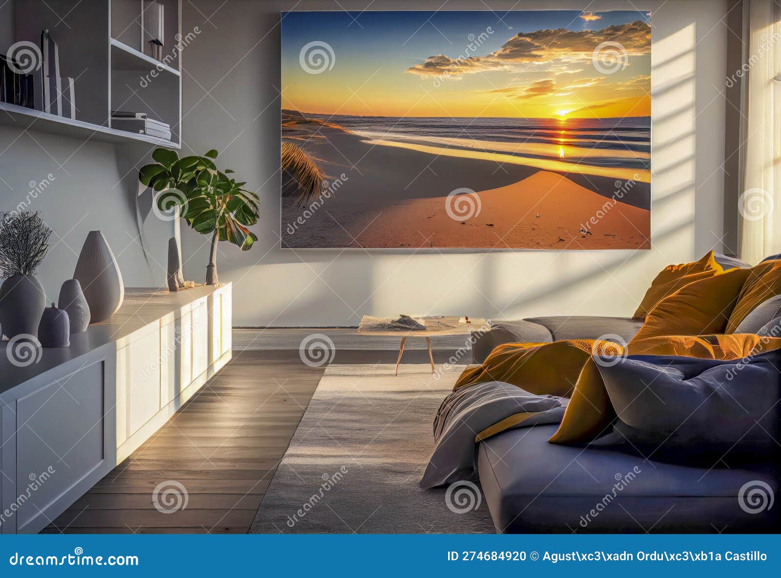 Living Room with a Large Sunset Painting. Stock Illustration ...