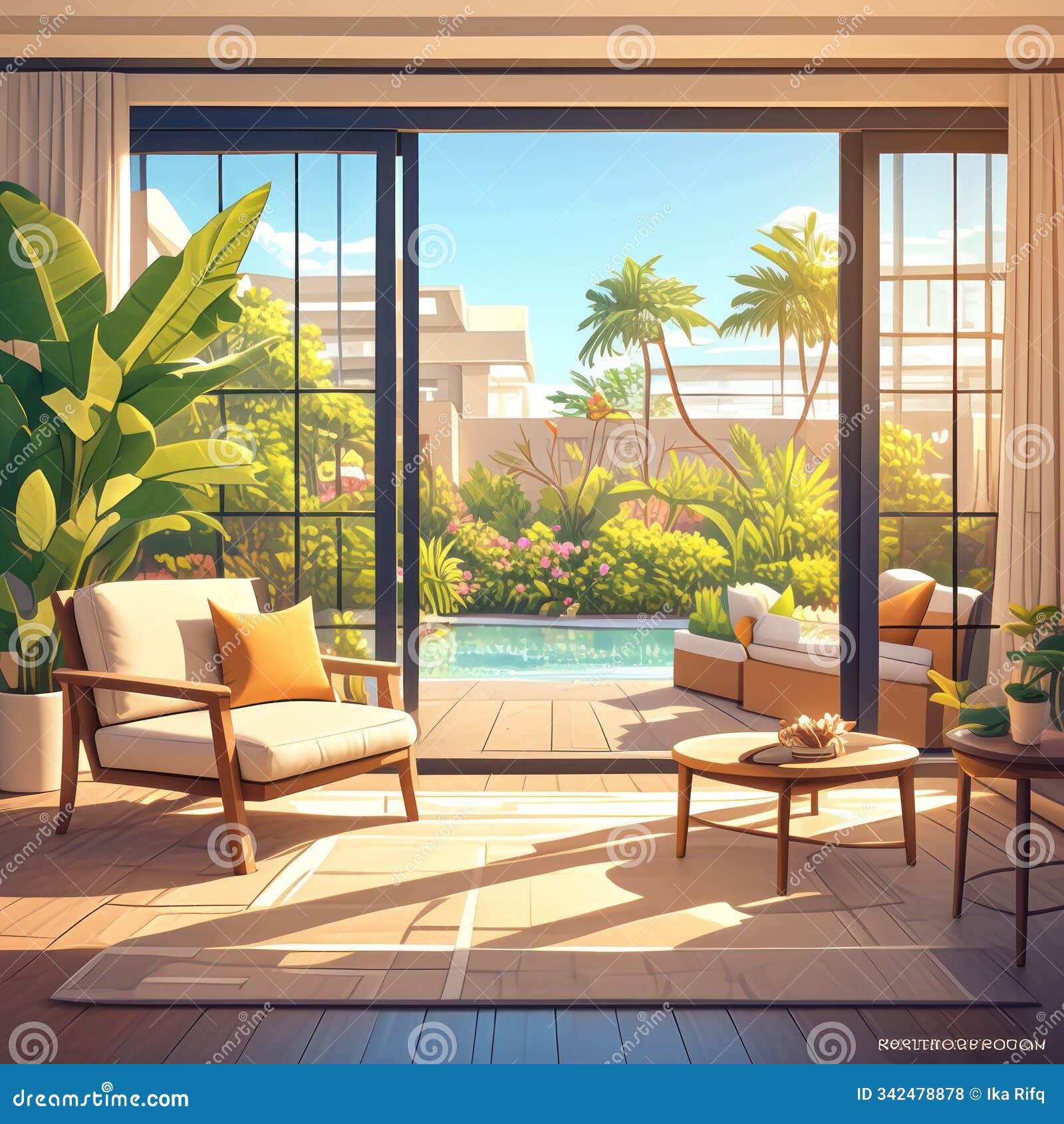 Living Room with Large Window View Illustration Stock Illustration ...