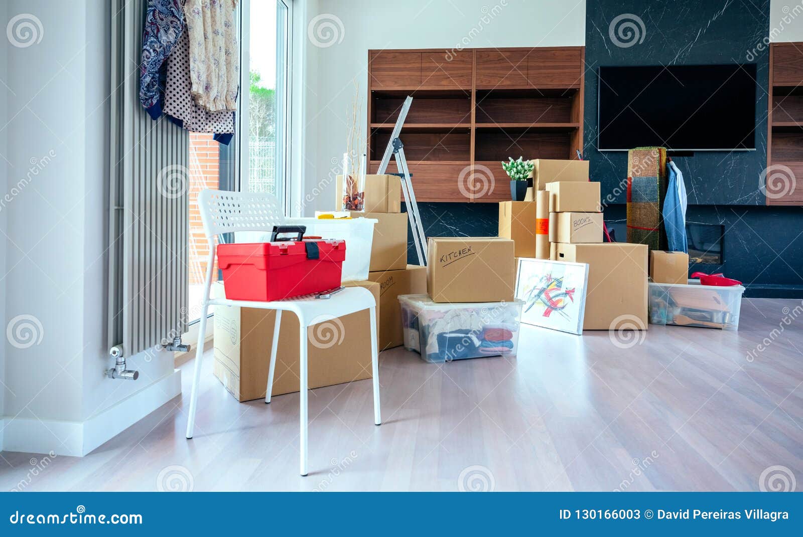 Living Room with Moving Boxes Stock Image - Image of heap, construction ...