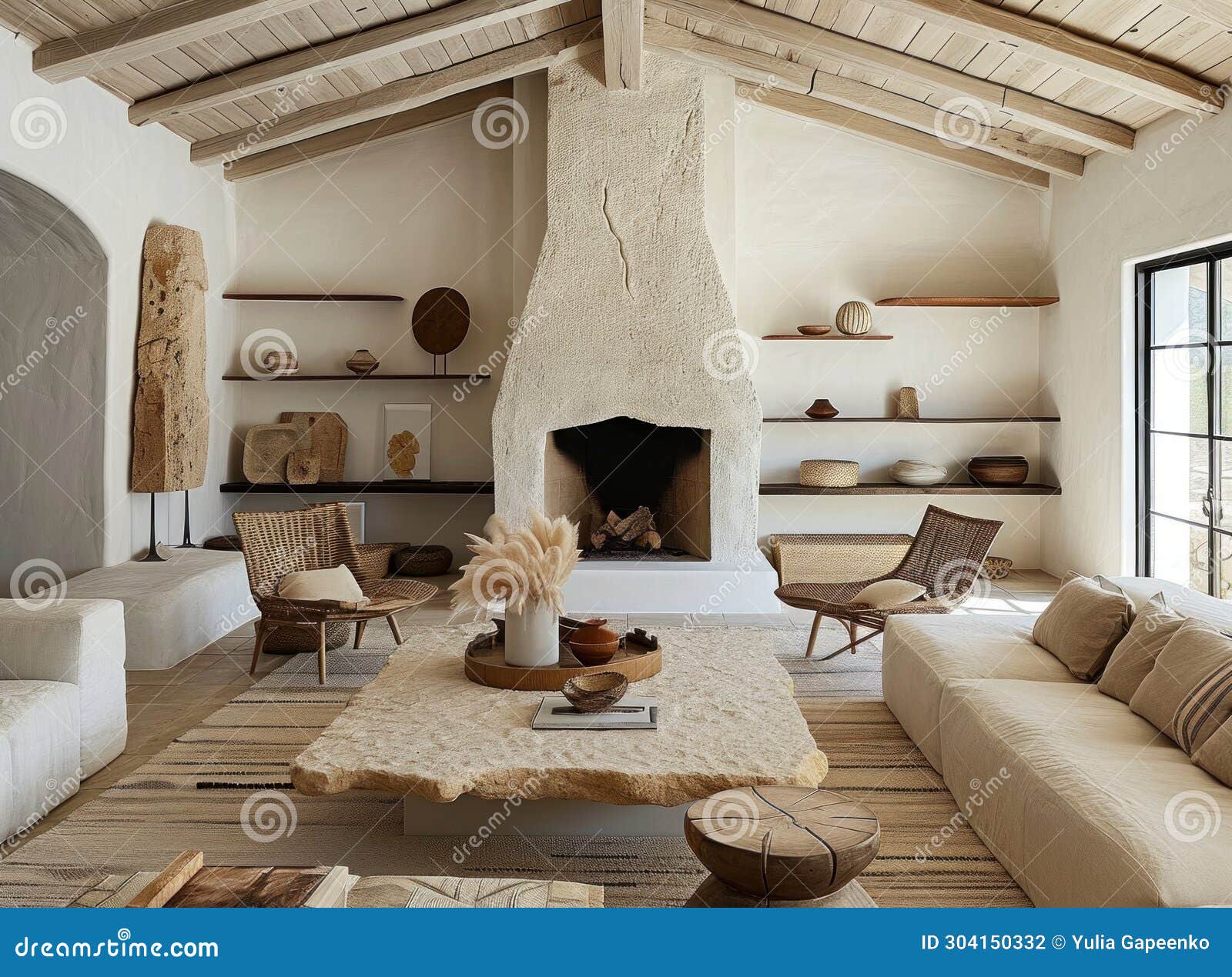 A Living Room with a Natural Stone Fireplace in a White Living Room ...