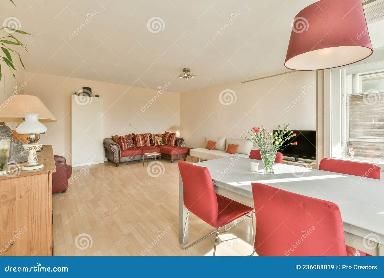 Living Room with Plush Pale Red Sofa Stock Image - Image of inside ...