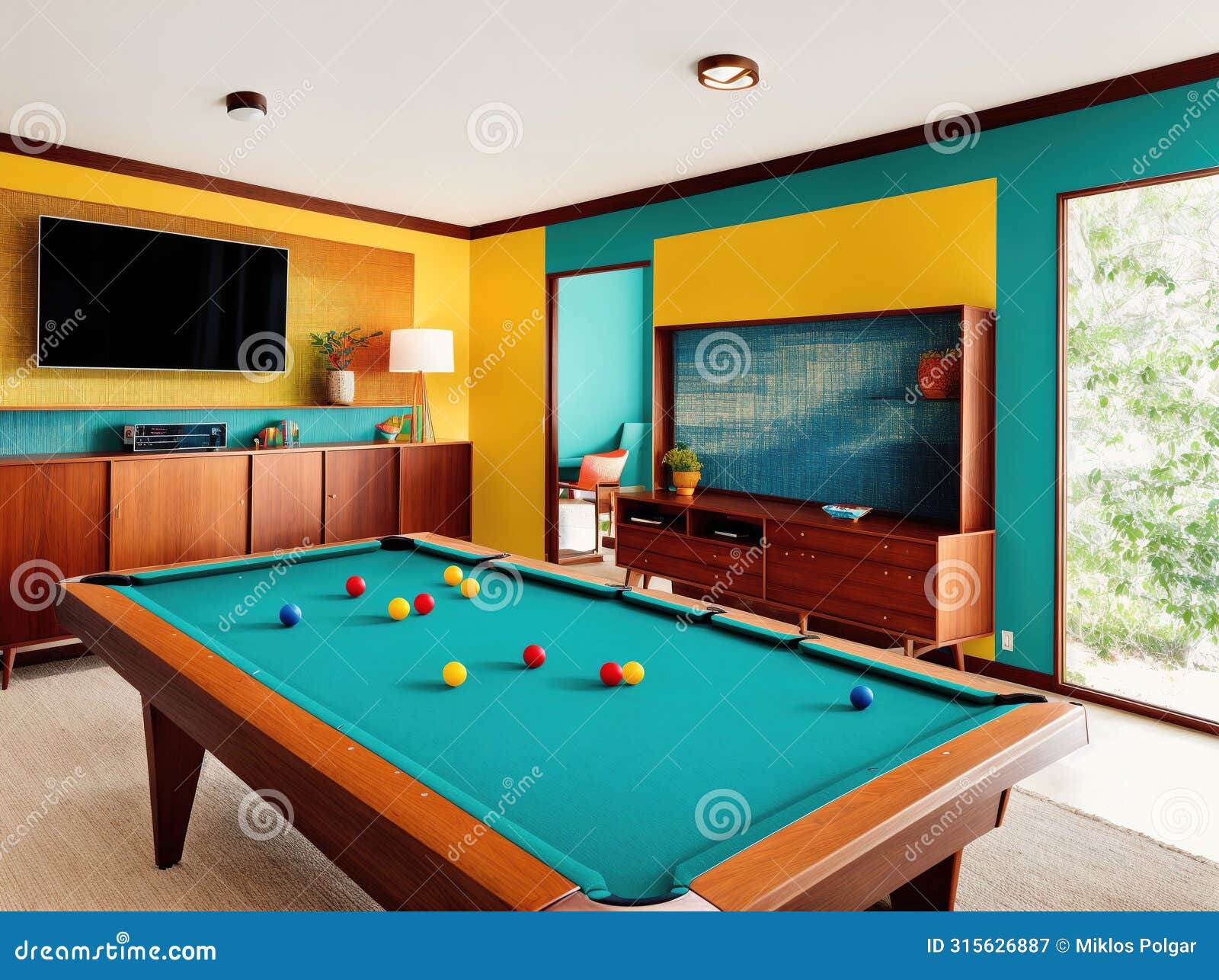A Living Room with a Pool Table in the Center of the Room. Stock Image ...