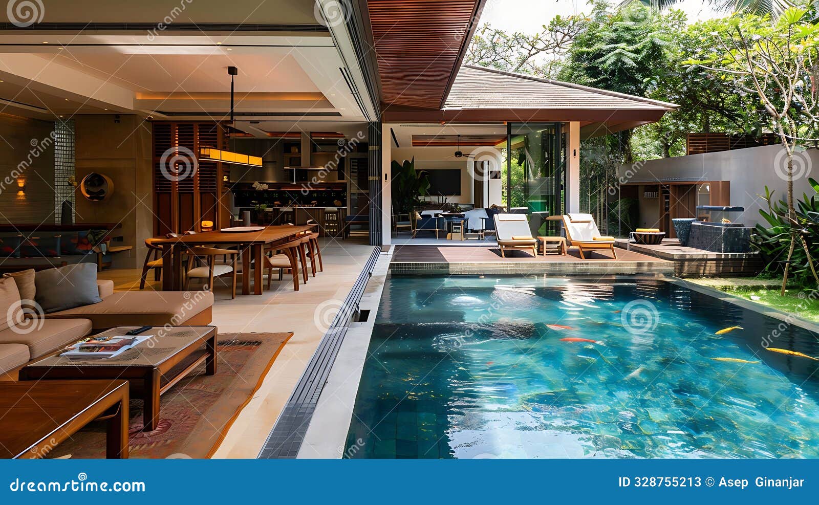 Living Room with Poolside Dining Area Stock Illustration - Illustration ...