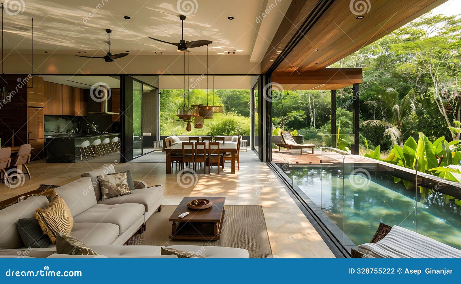Living Room with Poolside Dining Area Stock Illustration - Illustration ...