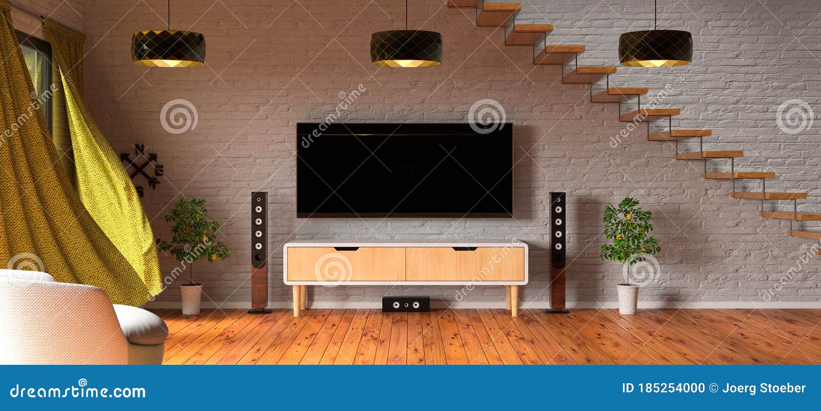Living Room Scene with Open Window - 3D Rendered Illustration Stock ...