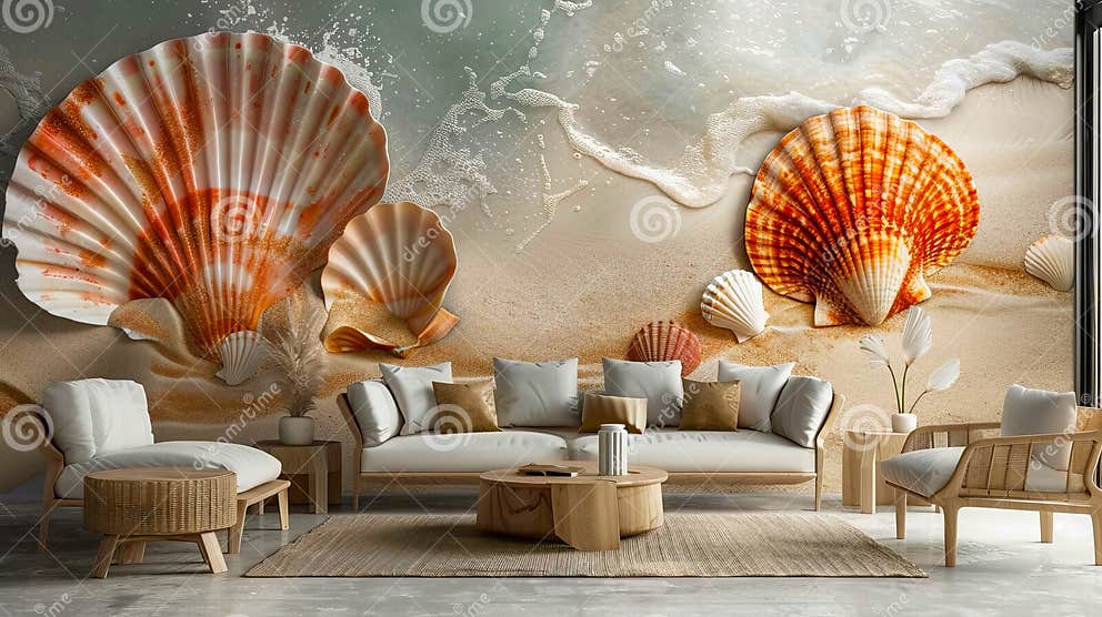A Living Room with Shells and Seashells on the Wall Stock Photo - Image ...