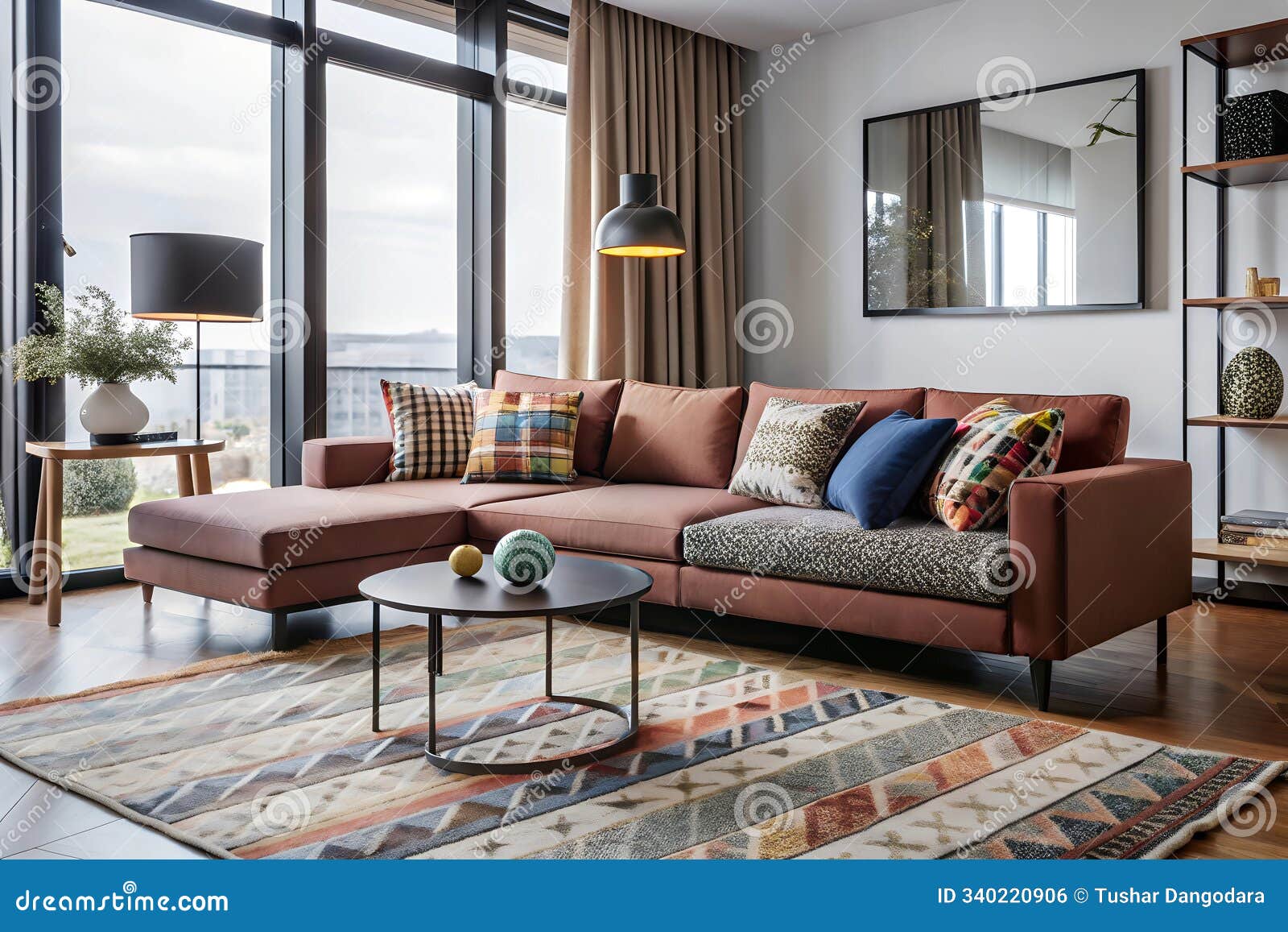 Living Room with Sofa and Panoramic Windows. Modern Cozy Interior ...