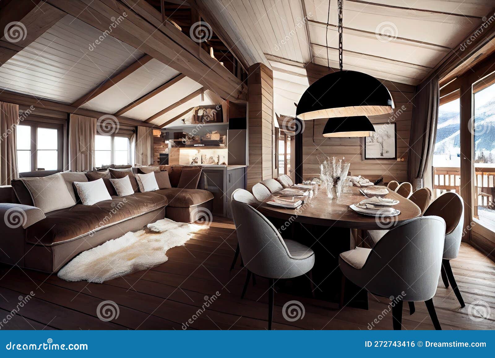 Living Room with Soft Sofas and Big Dining Table on Chalet Stock ...