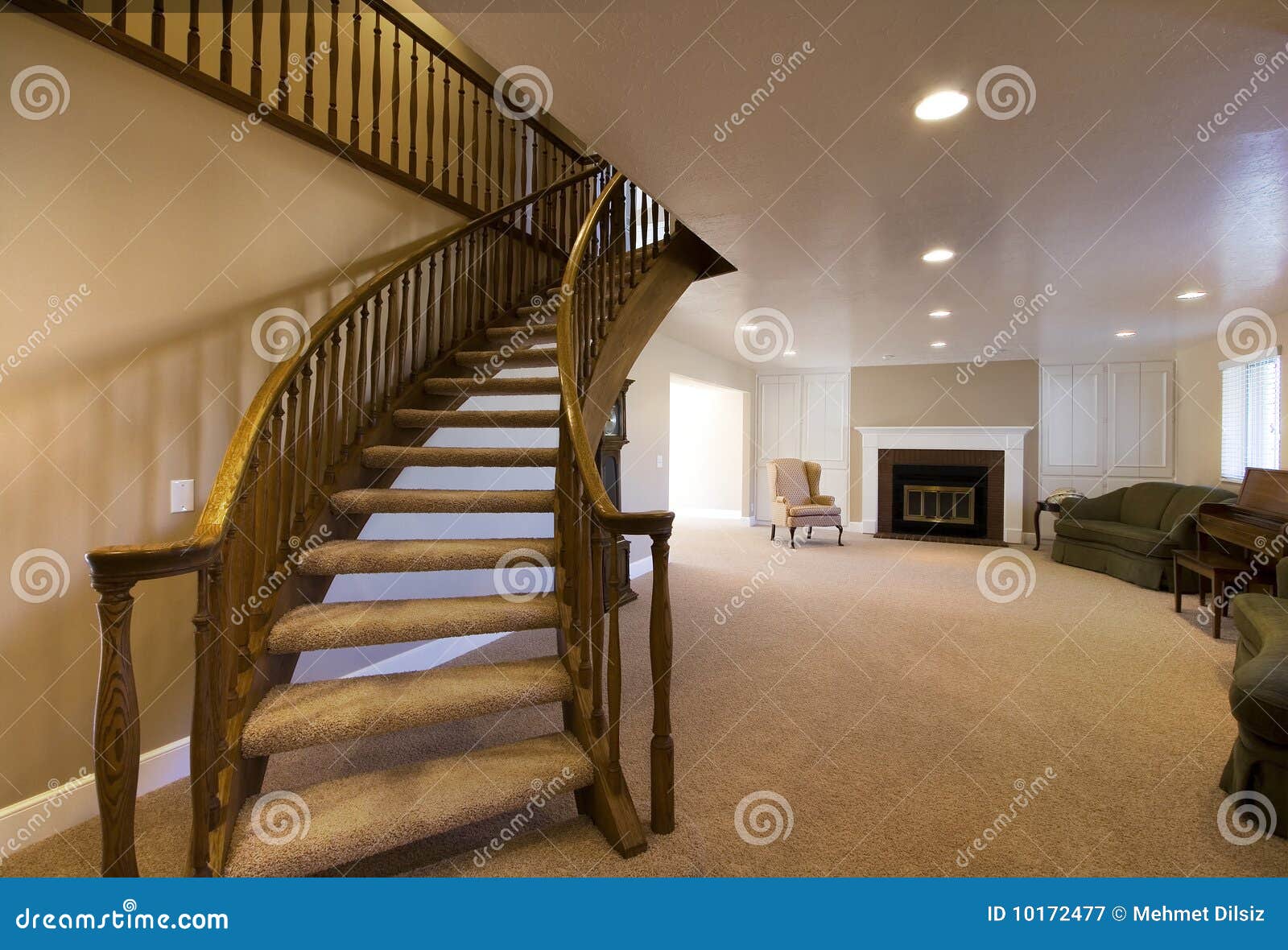 Living Room with Stairs Going Up Stock Image - Image of chairs, estate ...