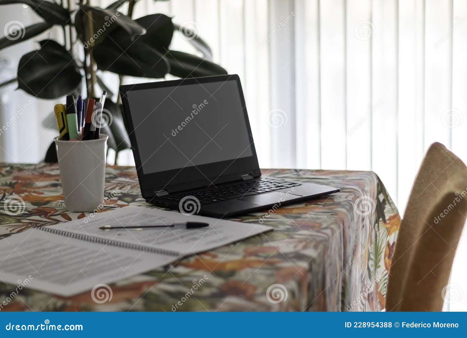 Living Room Table with Computer and Office Material. Working from Home ...