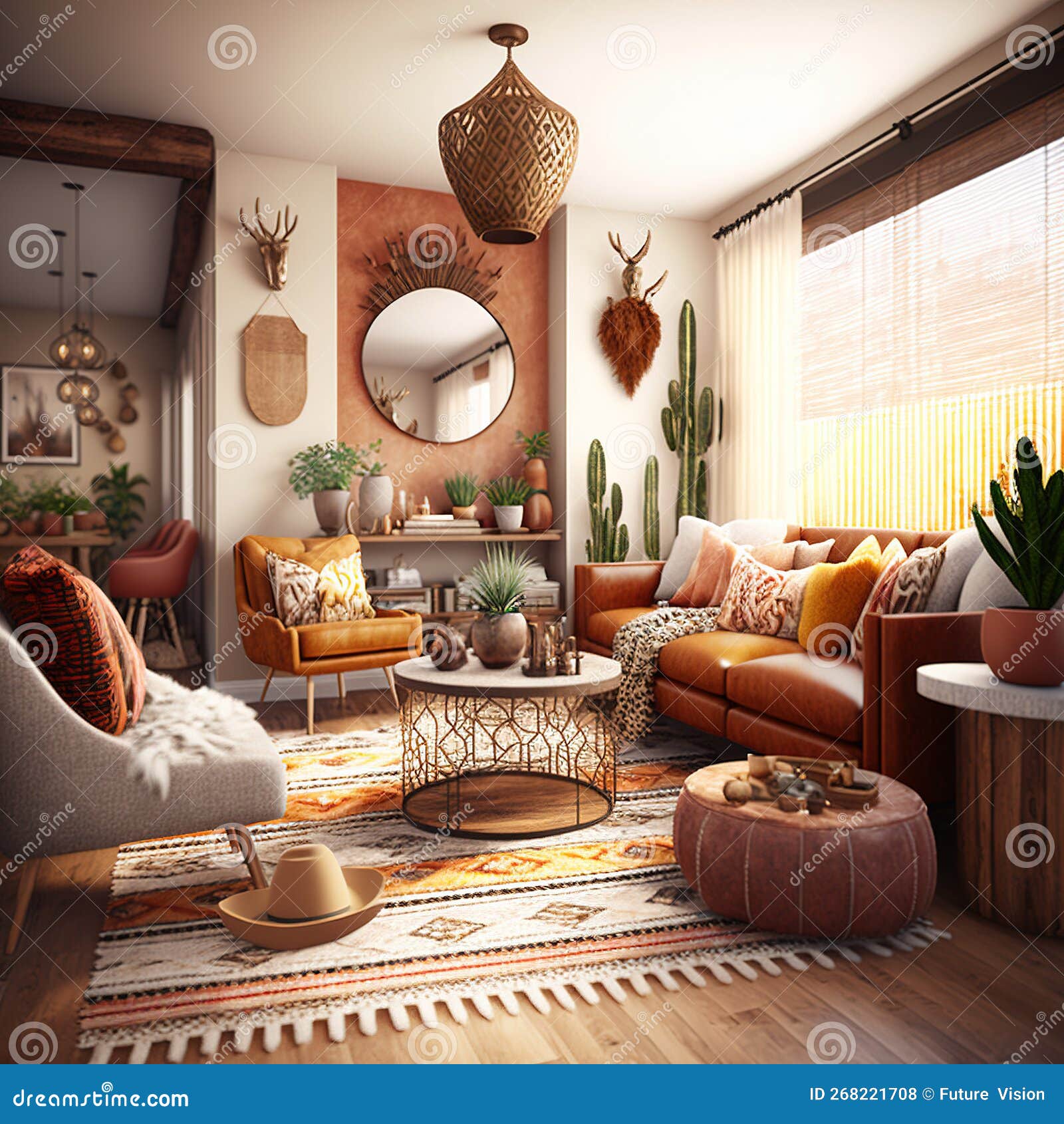 Living Room with Table, Plants and Decorations, Created Using ...