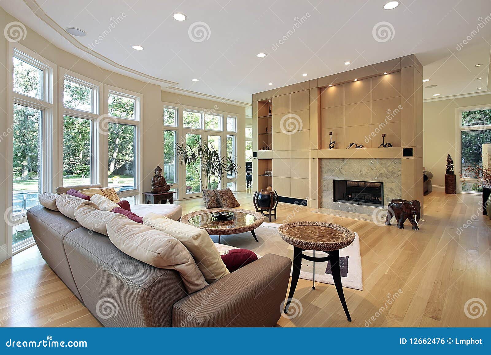 Living Room with Wall of Windows Stock Photo - Image of decor, hardwood ...