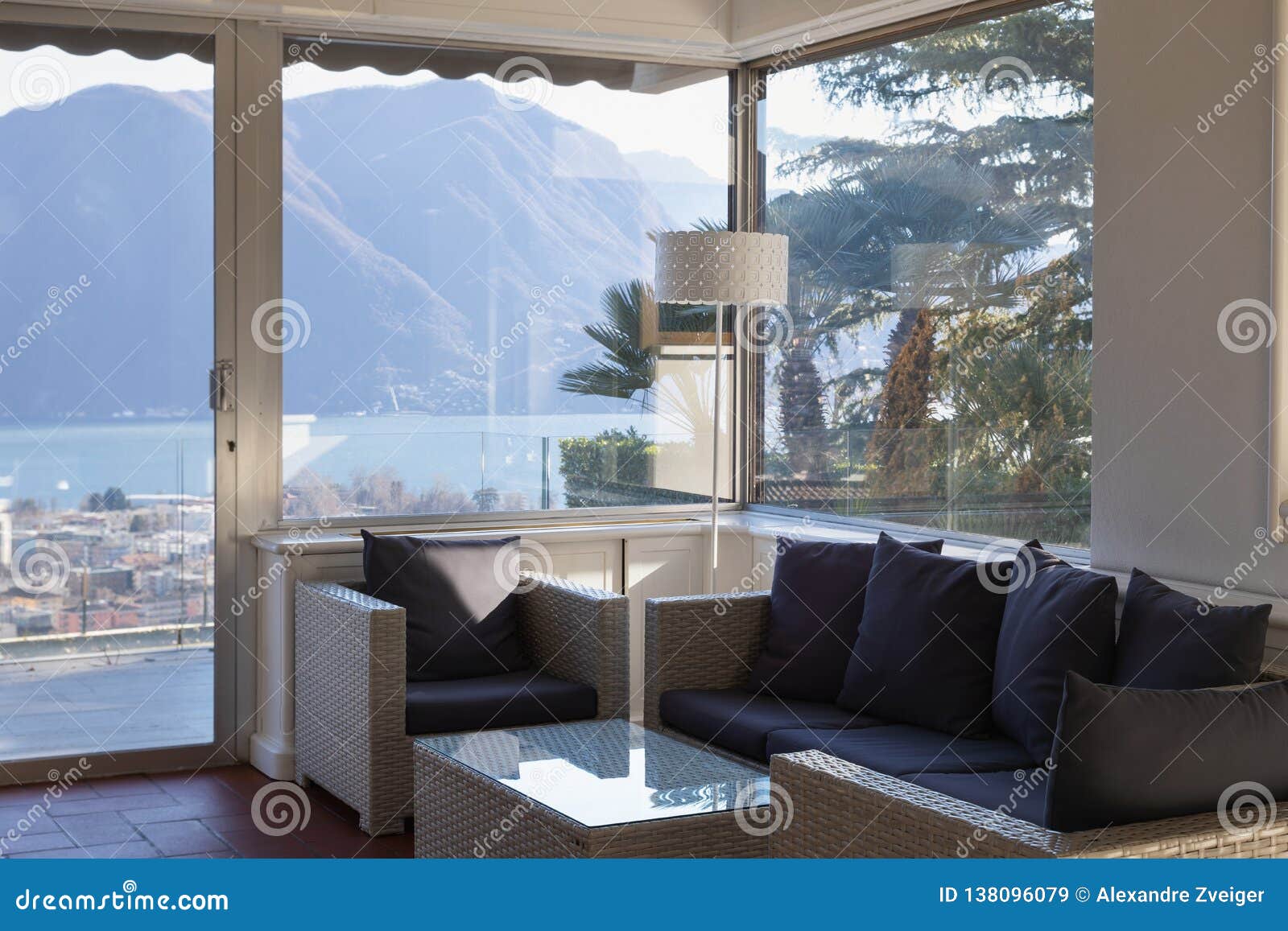 Living Room with Window Overlooking the Lake Stock Image - Image of ...
