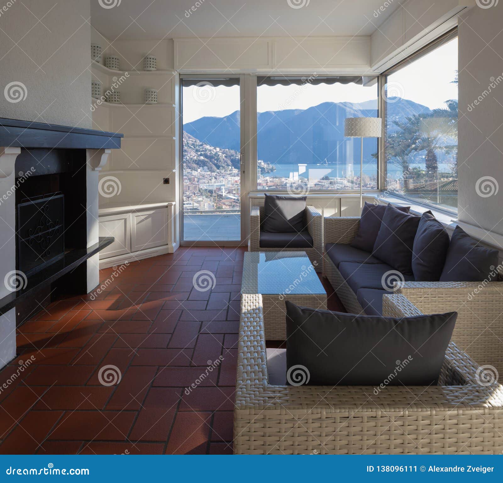 Living Room with Window Overlooking the Lake Stock Image - Image of ...