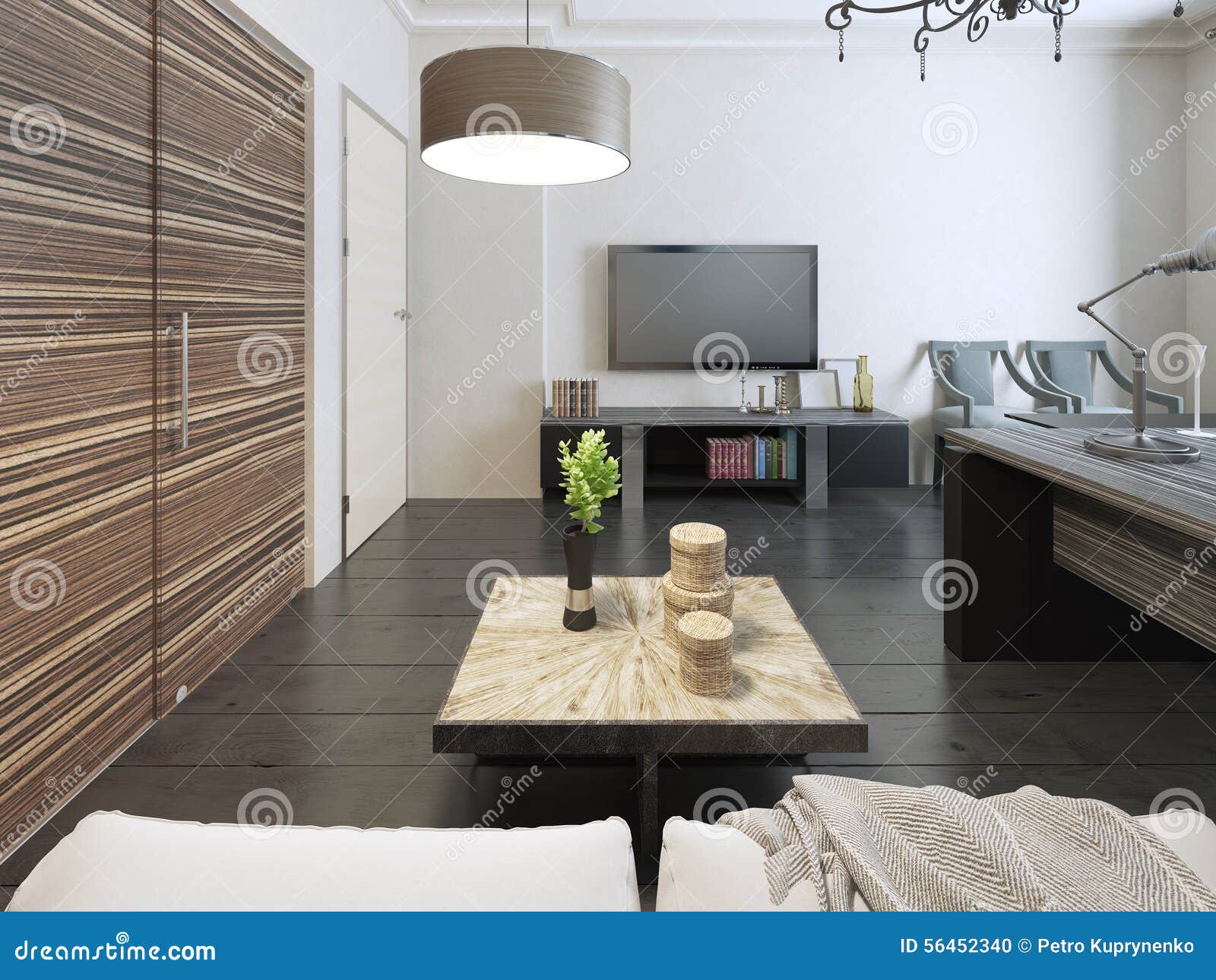 Living Room with Working Area Stock Photo - Image of baskets, apartment ...