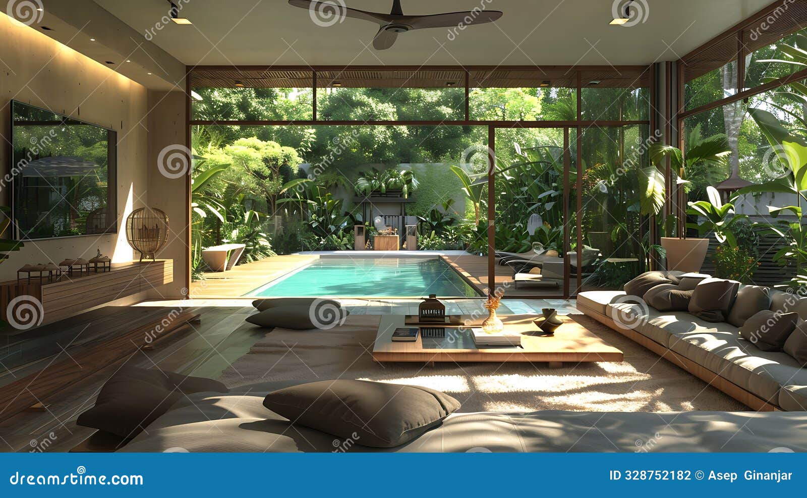Living Room with Zen Garden and Pool Stock Illustration - Illustration ...
