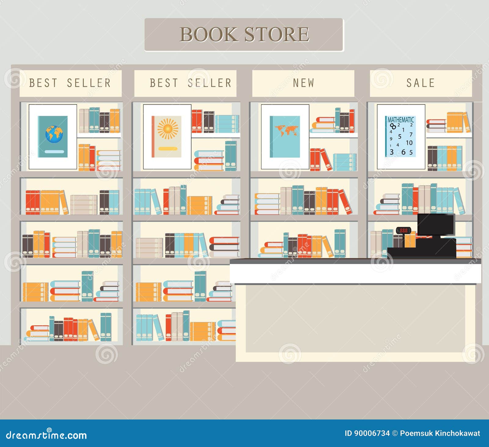 Livraria com estantes ilustração do vetor. Ilustração de compras - 90006734