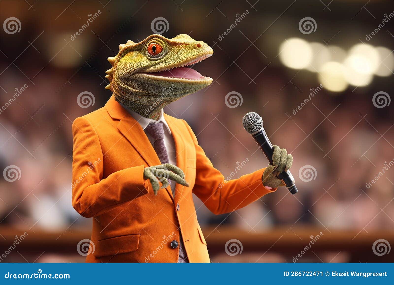 Lizard Anthropomorphic in Orange Colour Suit Holding Microphone on ...